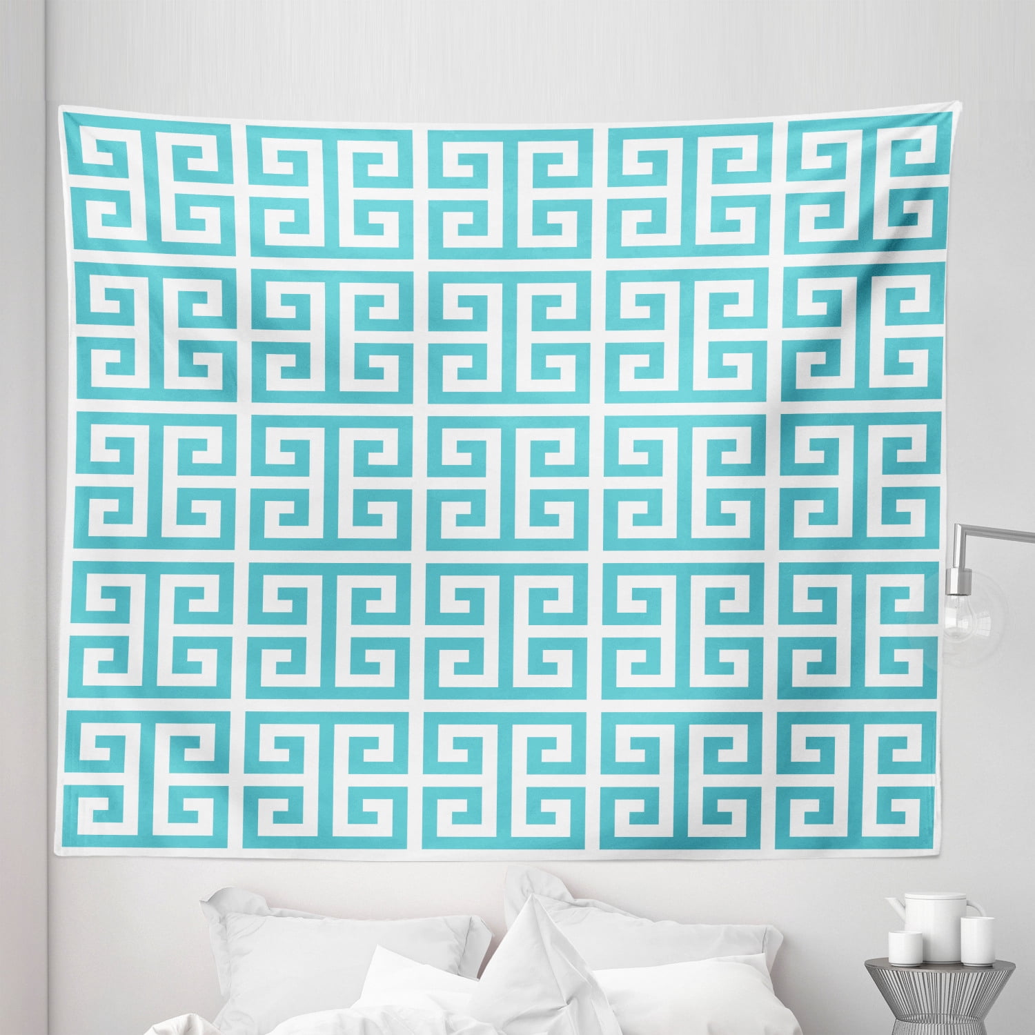 Greek Key Tapestry, Geometric Hellenic Fret Pattern in Pastel Blue and ...