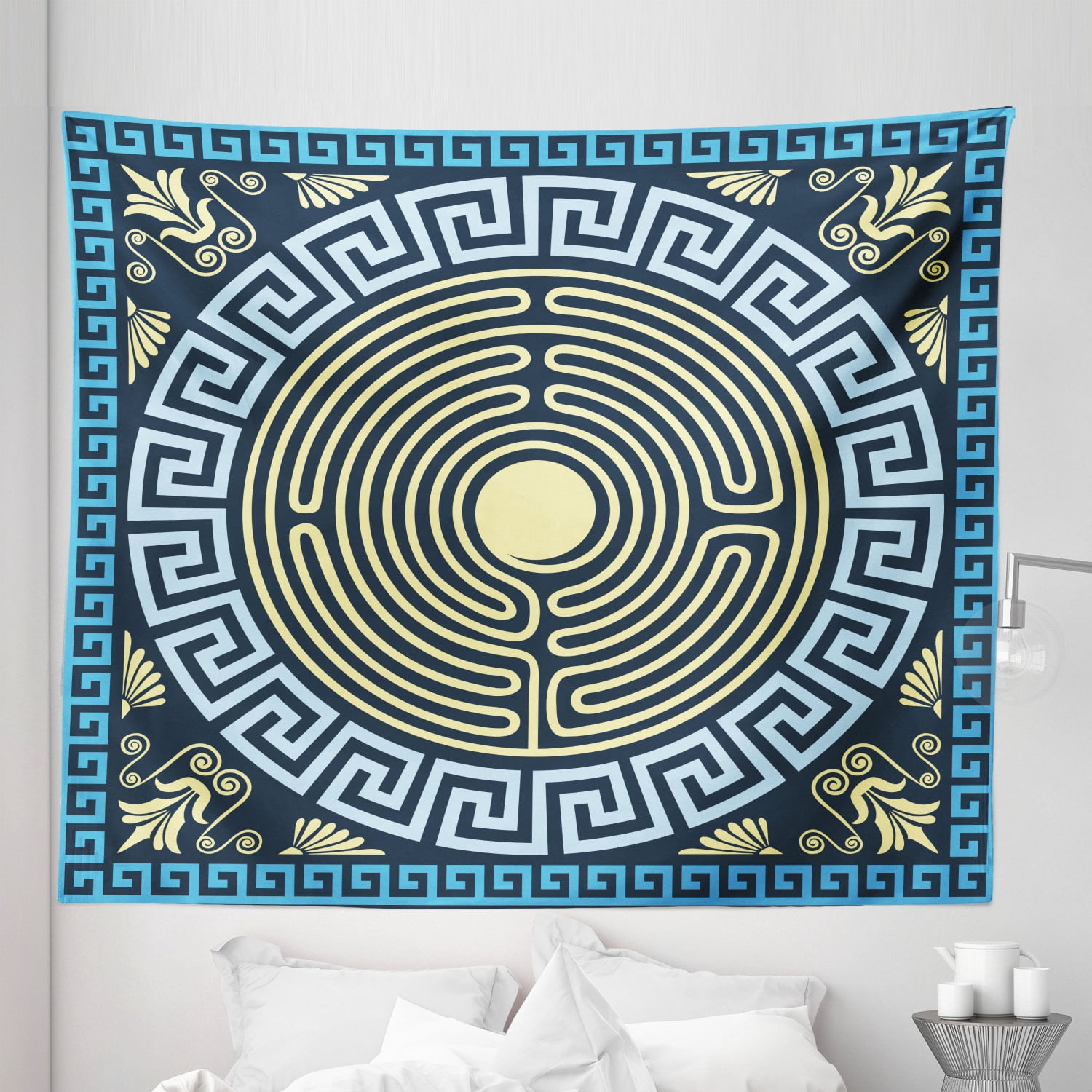 Greek Key Tapestry, Yellow and Blue Labyrinth Pattern from Culture with ...