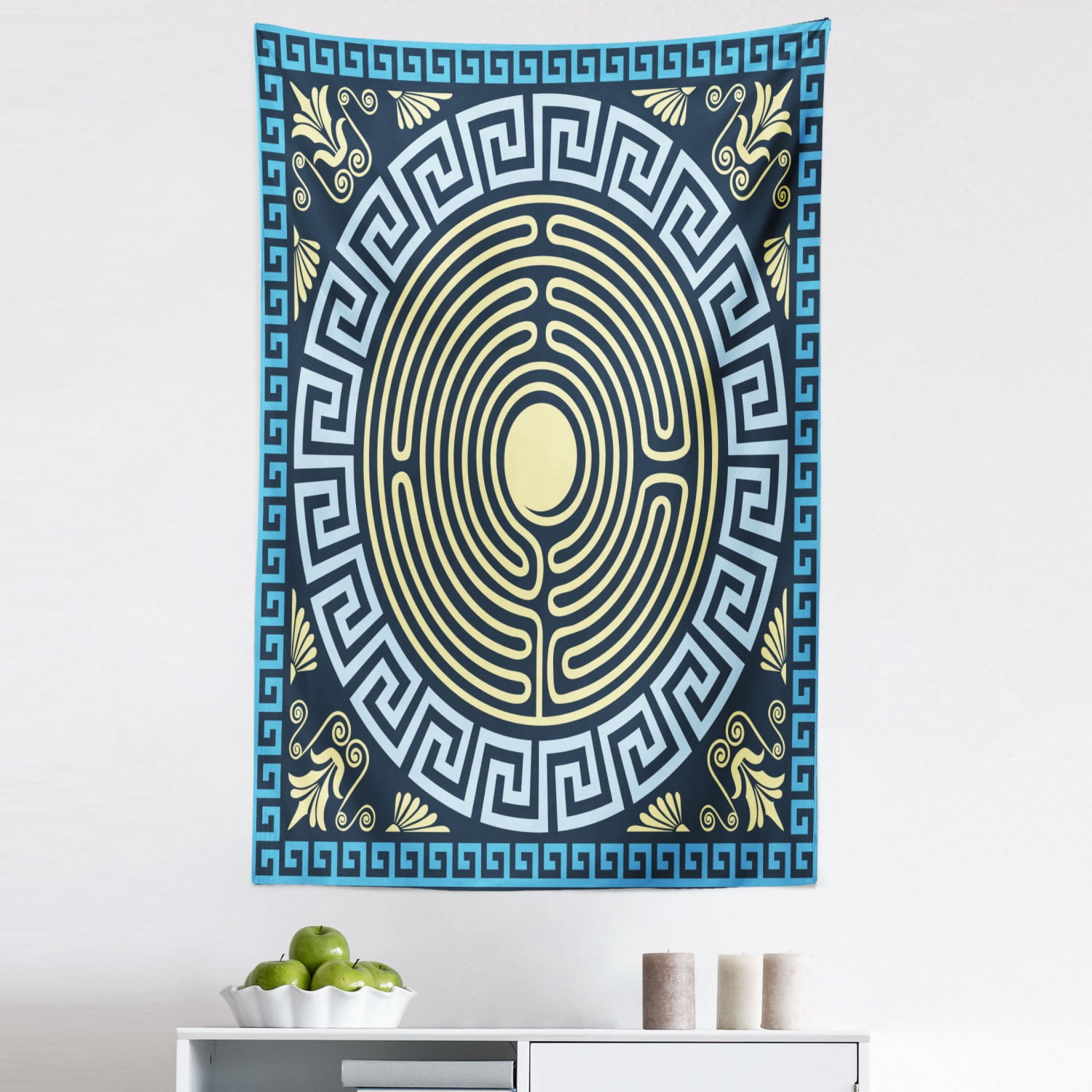 Greek Key Tapestry, Yellow and Blue Labyrinth Pattern from Culture with ...