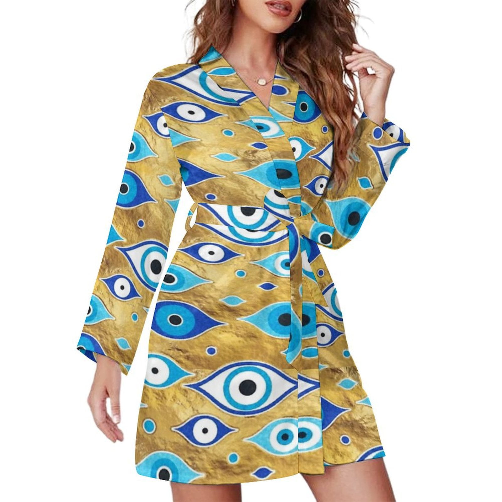 Greek Mati Mataki - Matiasma Evil Eye Pattern Night Robe Long Sleeve V ...
