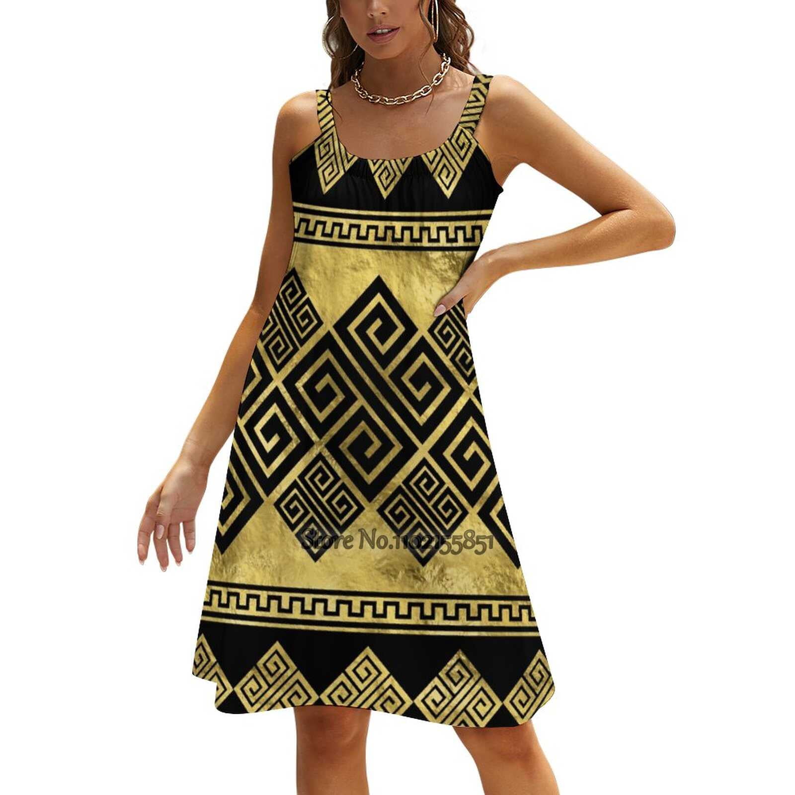 Greek Meander - Greek Key Black And Gold Back Lacing Backless Dress ...