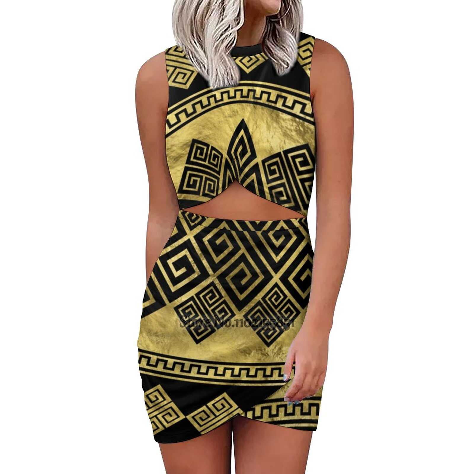 Greek Meander - Greek Key Black And Gold Back Lacing Backless Dress ...