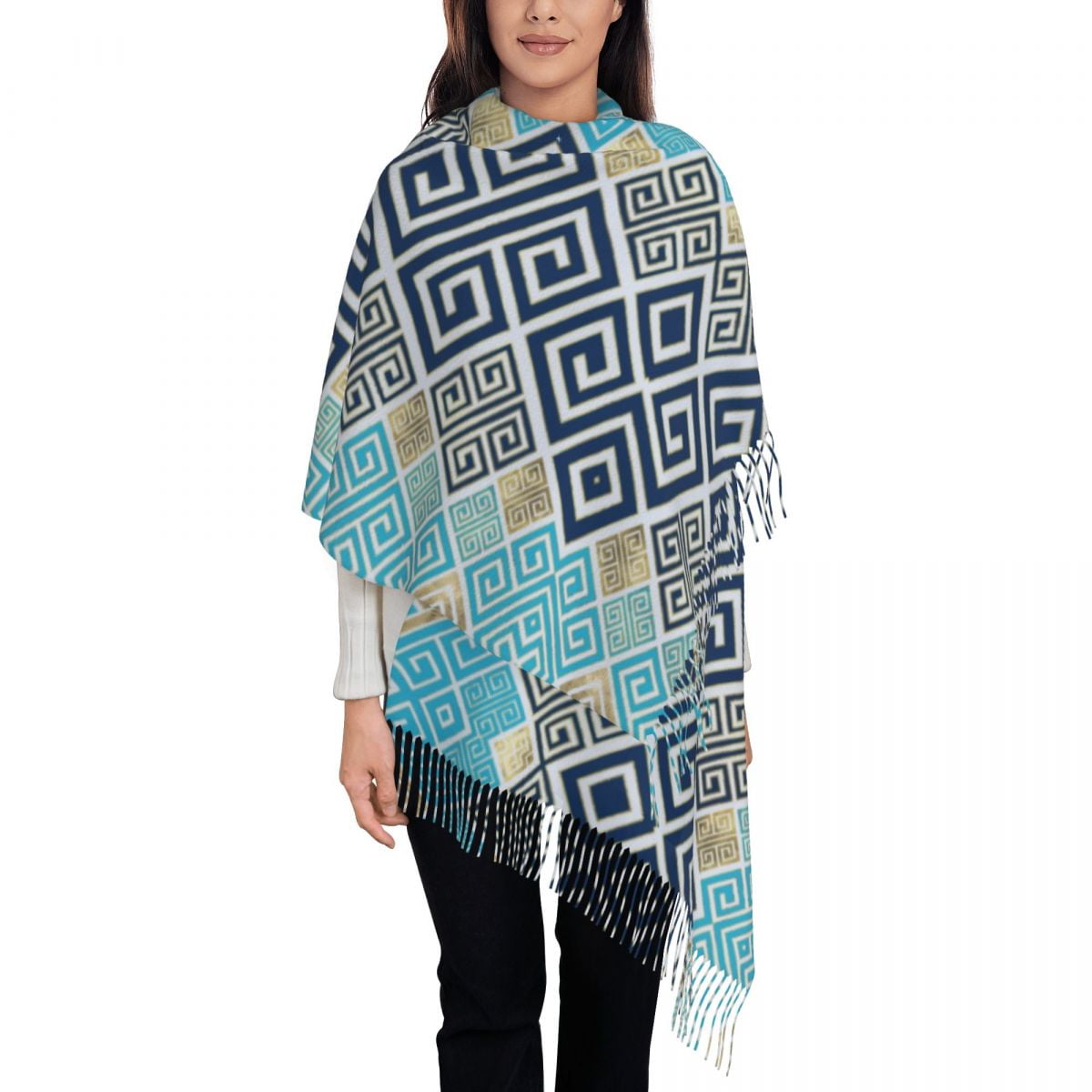 Greek Meander Pattern Tassel Scarf Women Soft Greek Key Ornament Shawls ...