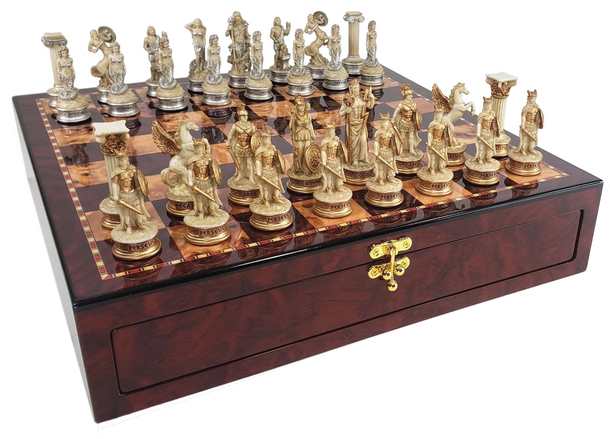 Greek Mythology Olympus Gods Chess Set Antique White 17" Cherry Color ...