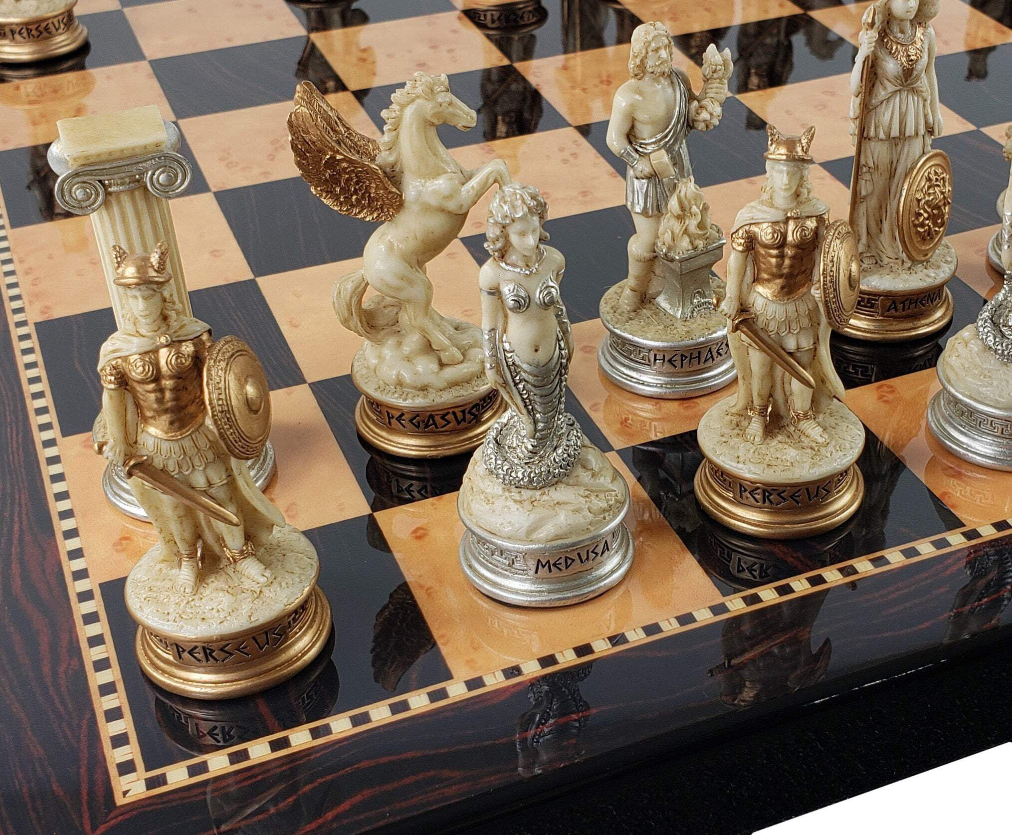 Greek Mythology Olympus Gods Chess Set Antique White Gold 18" Walnut ...