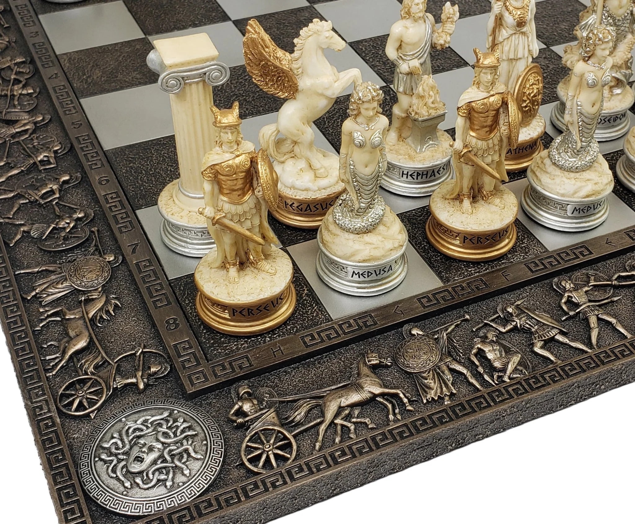 Greek Mythology Olympus Gods Chess Set Antique White Gold W 17" Greek ...