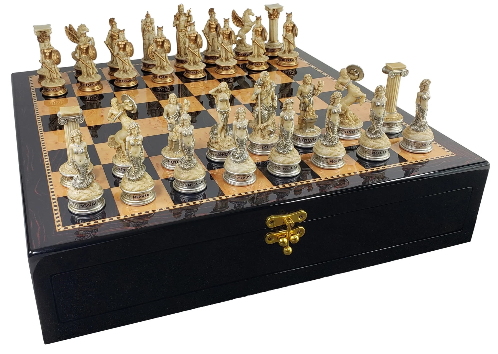 Greek Mythology Olympus Gods Chess Set Antique White Gold Walnut Color ...