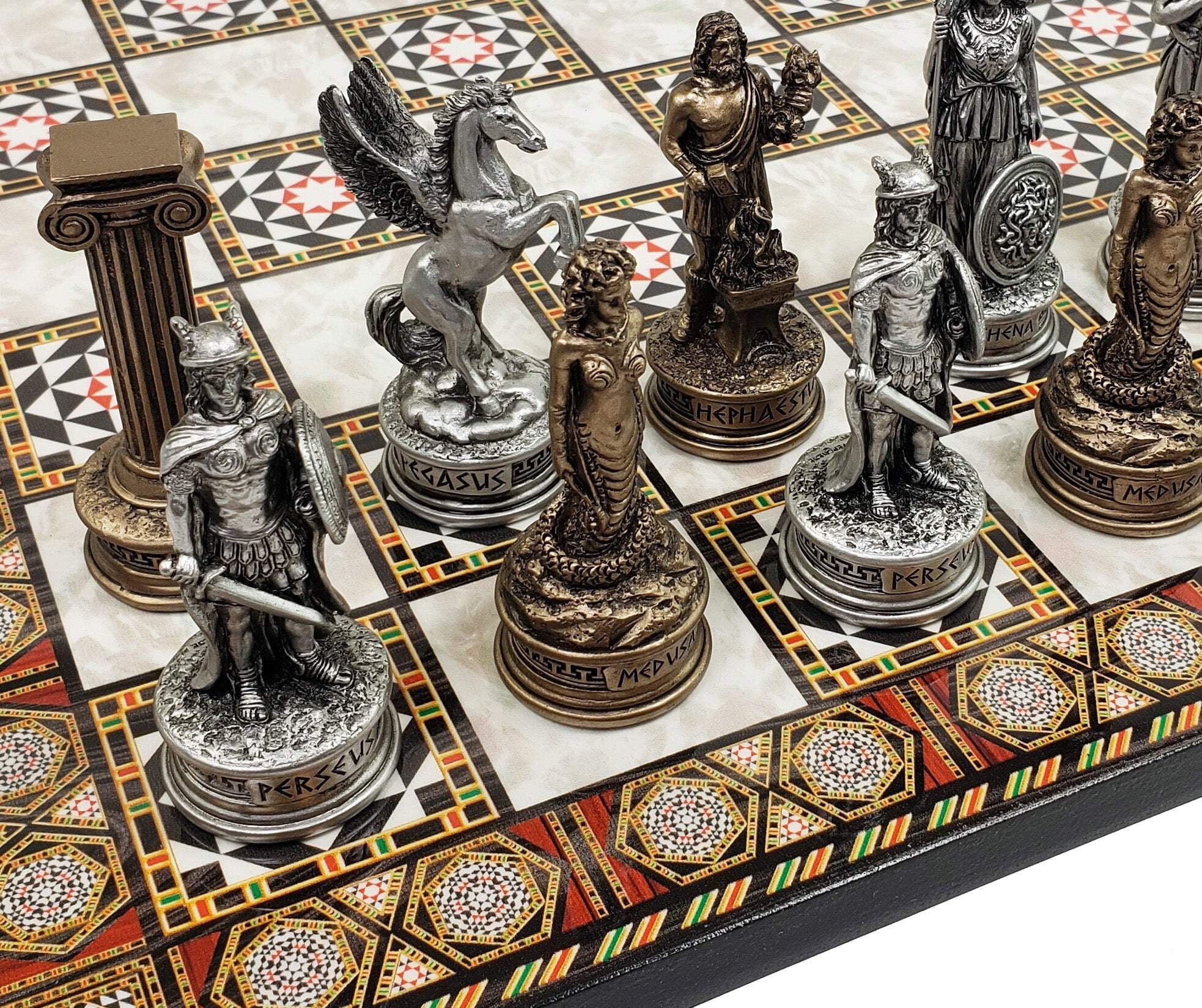 Greek Mythology Olympus Gods Chess Set Pewter Bronze Color17" Mosaic ...