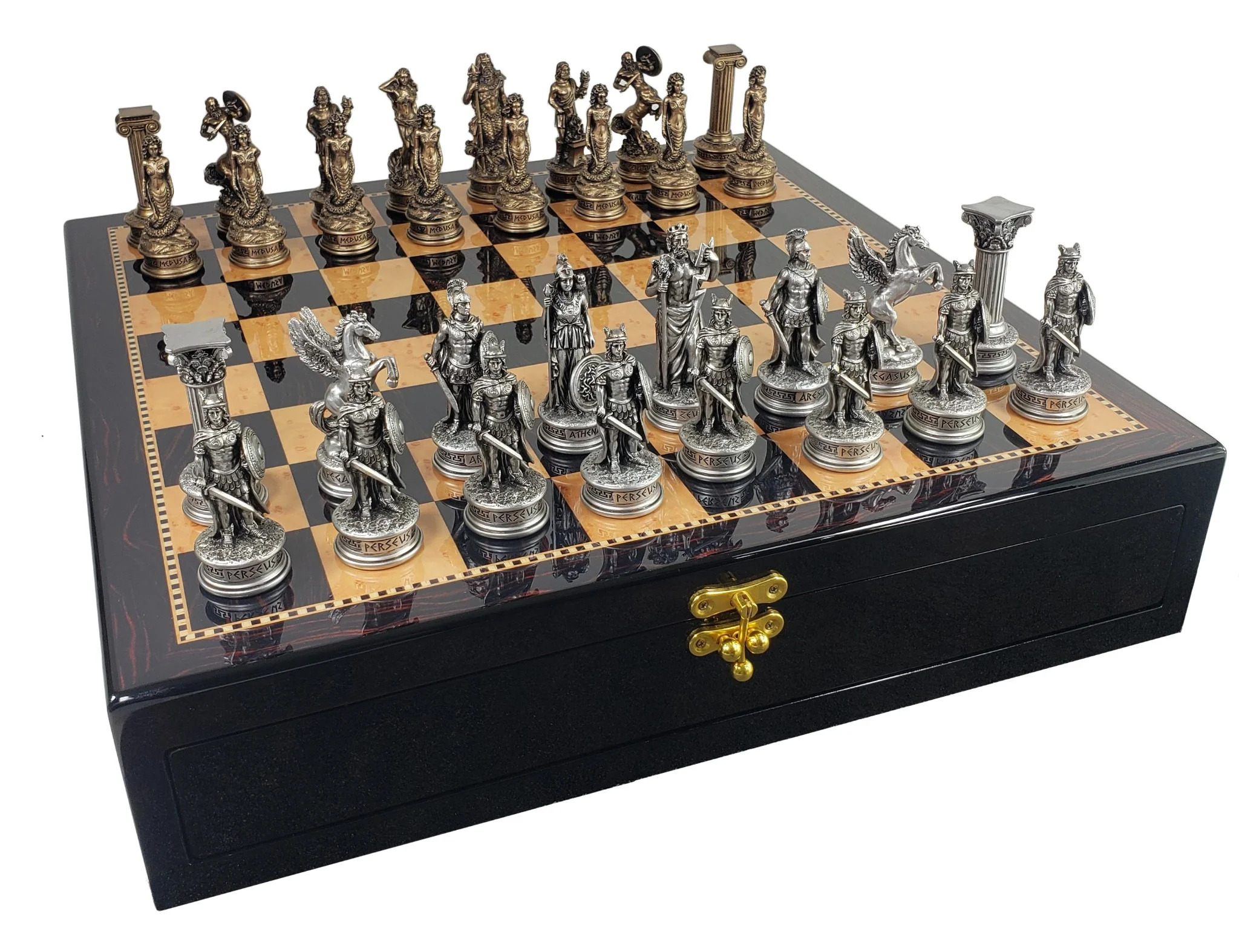 Greek Mythology Olympus Gods Chess Set Pewter Bronze Finish Walnut ...