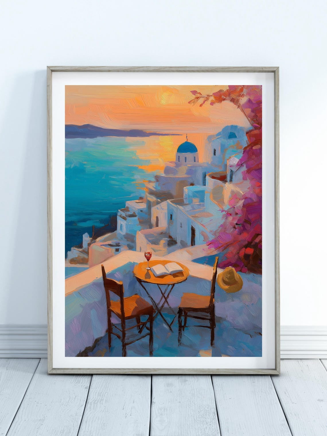 Greek Sunset Poster-Coastal Aegean Poster, Pink Bougainvillea Poster ...