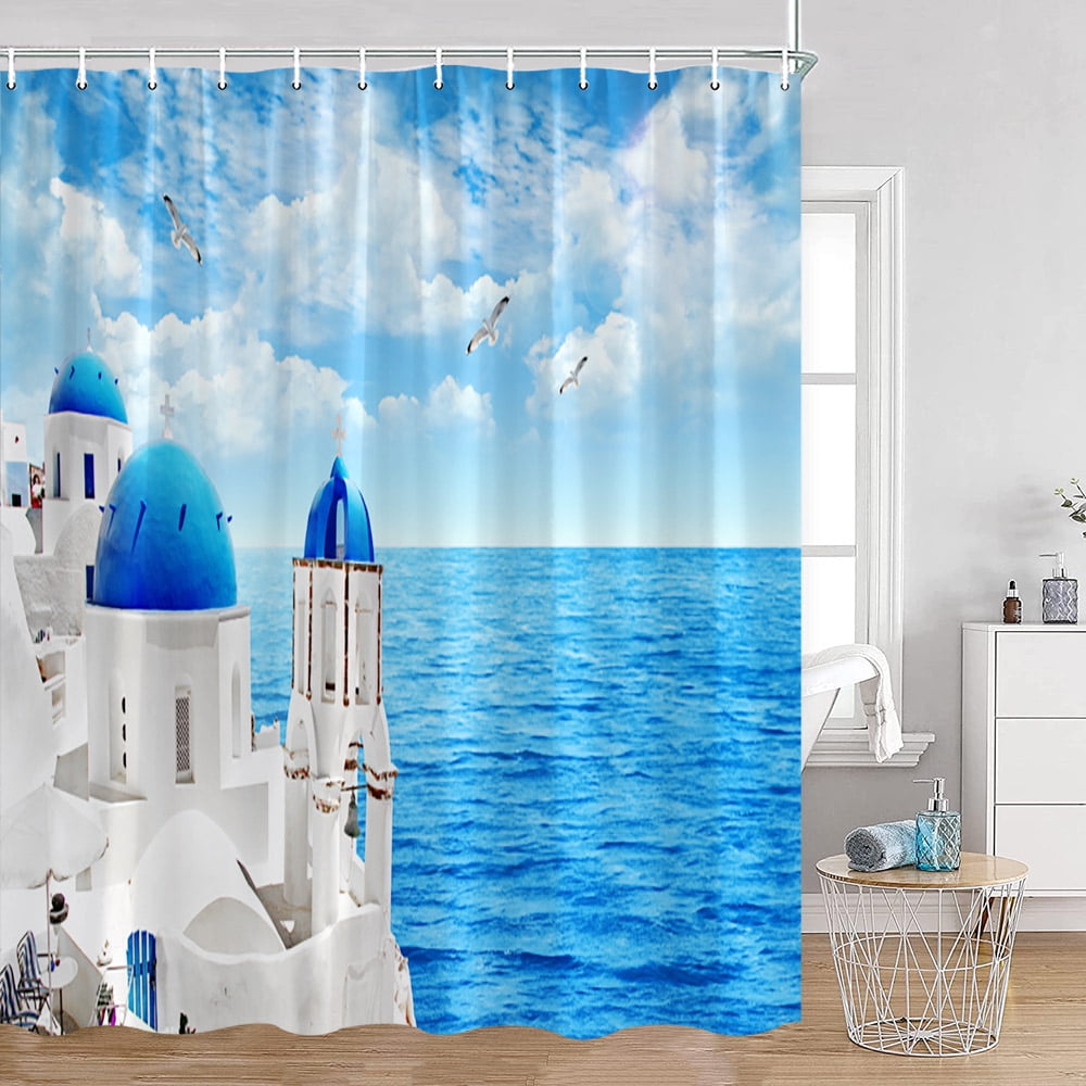 Greek Town Shower Curtain Greek Street View Sea View Blue Door Greece ...