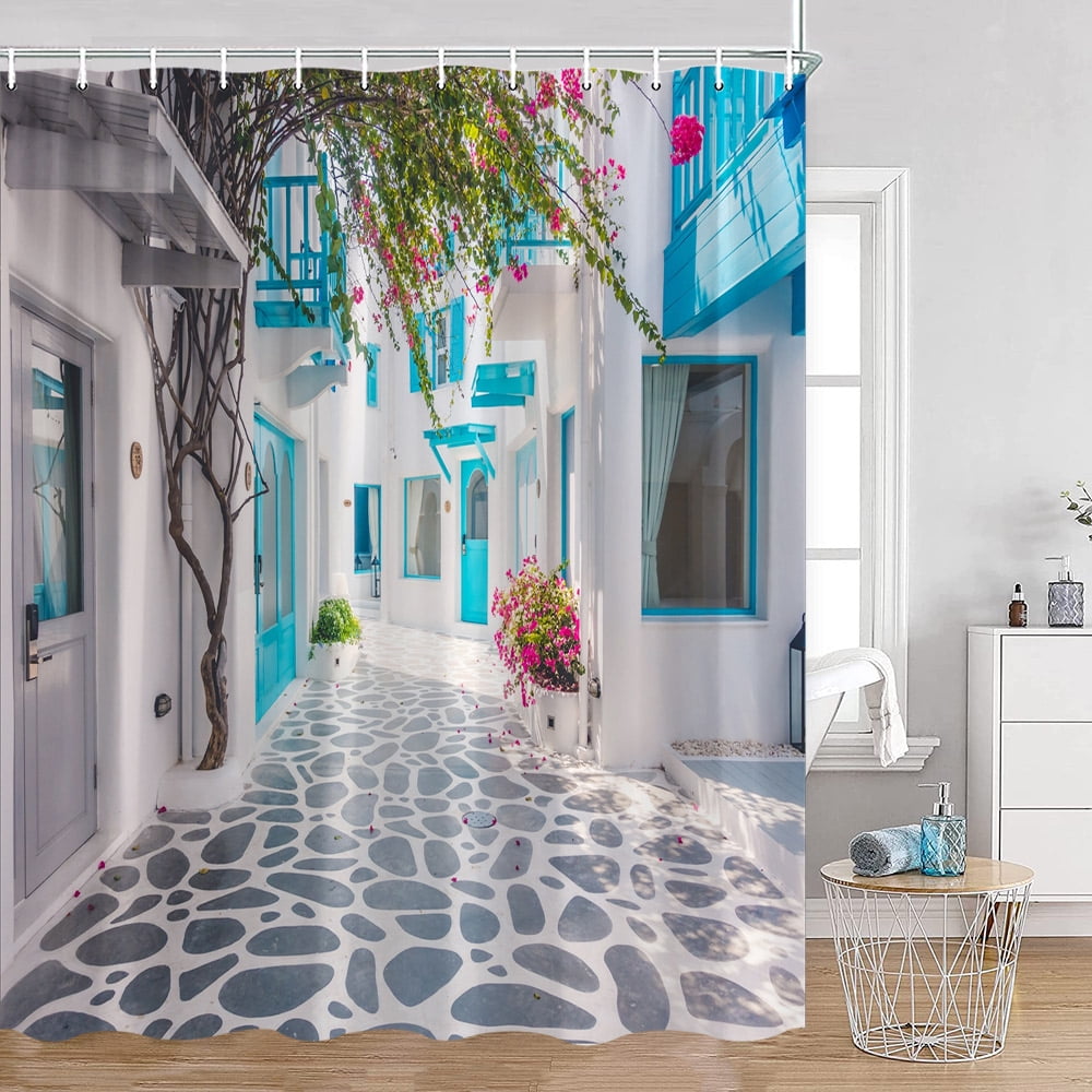 Greek Town Shower Curtain Greek Street View Sea View Blue Door Greece ...