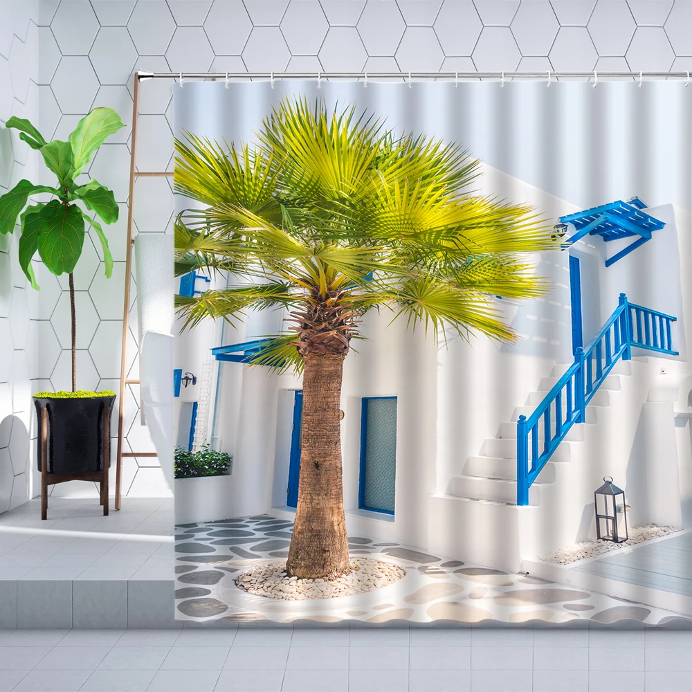 Greek Town Street View Shower Curtain Blue Wooden Doors Windows Flower ...