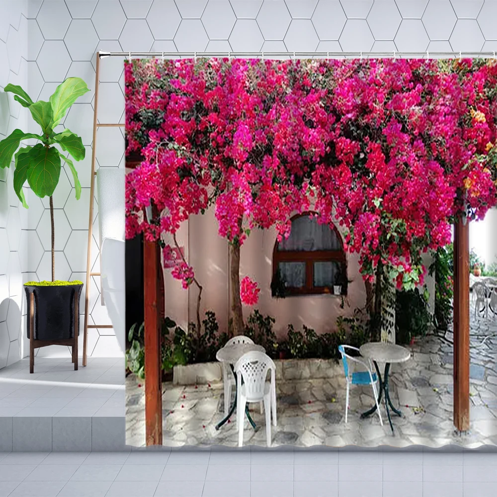 Greek Town Street View Shower Curtain Blue Wooden Doors Windows Flower ...