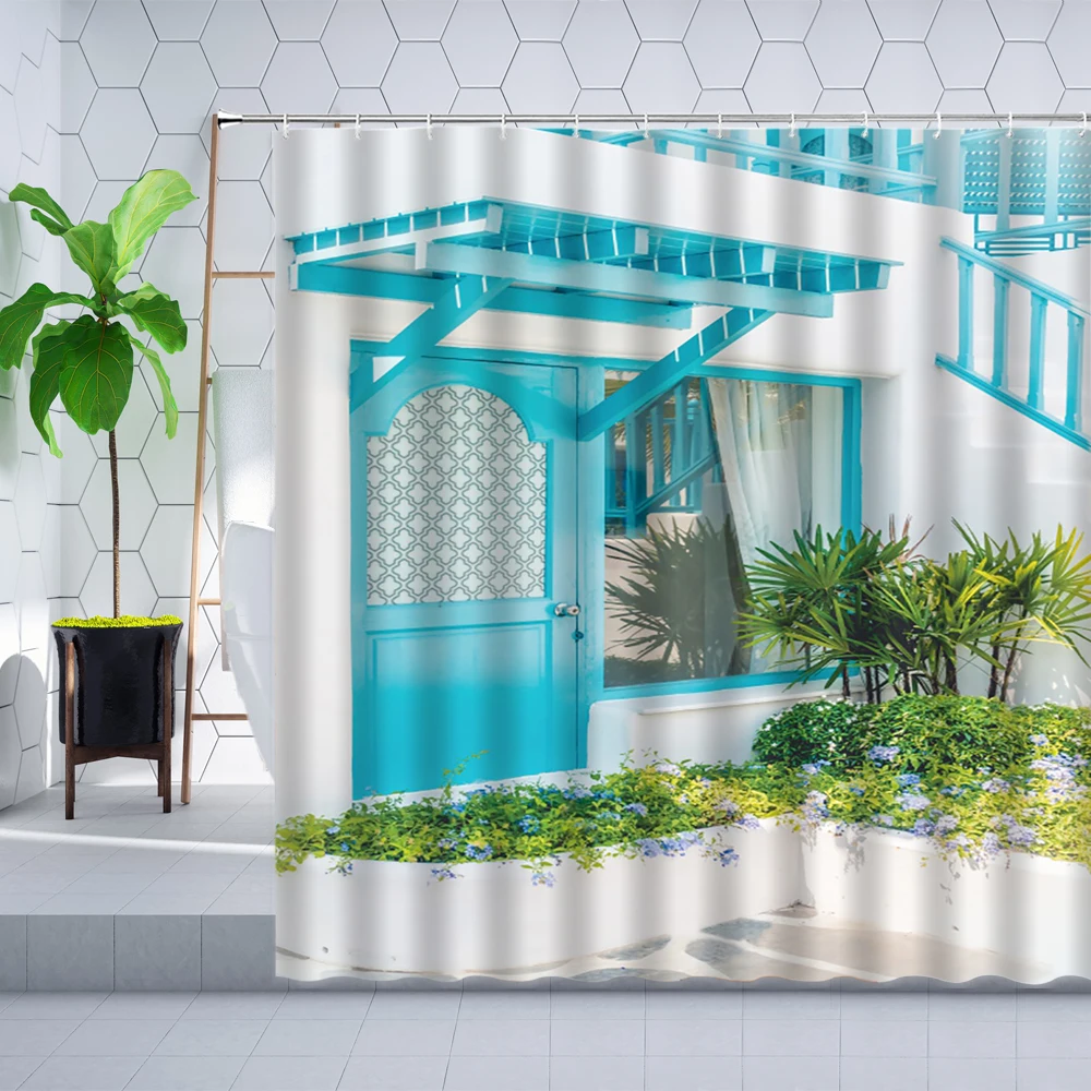 Greek Town Street View Shower Curtain Blue Wooden Doors Windows Flower ...