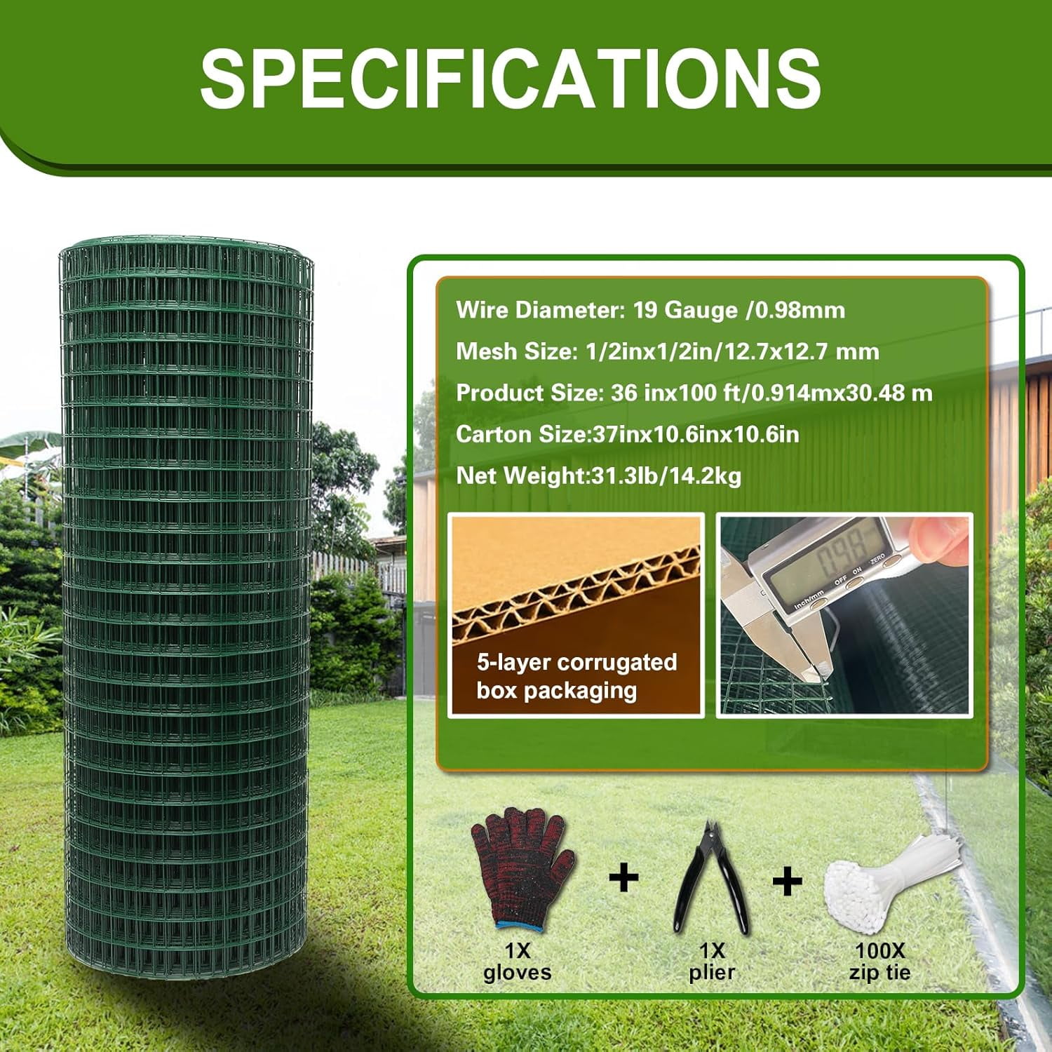 Green 1/2in Hardware Cloth Wire Mesh – 36in x 100ft PVC Coated, Durable ...