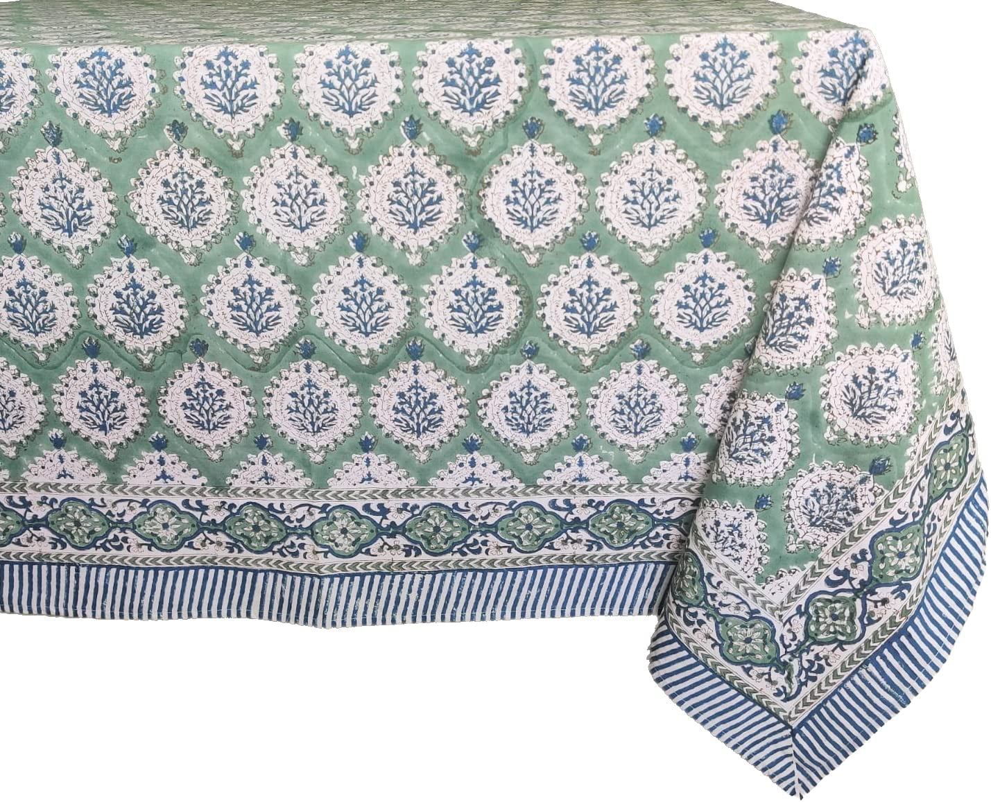 Green 100% Cotton Rectangular Bohemian Summer Tablecloth, Block Print ...