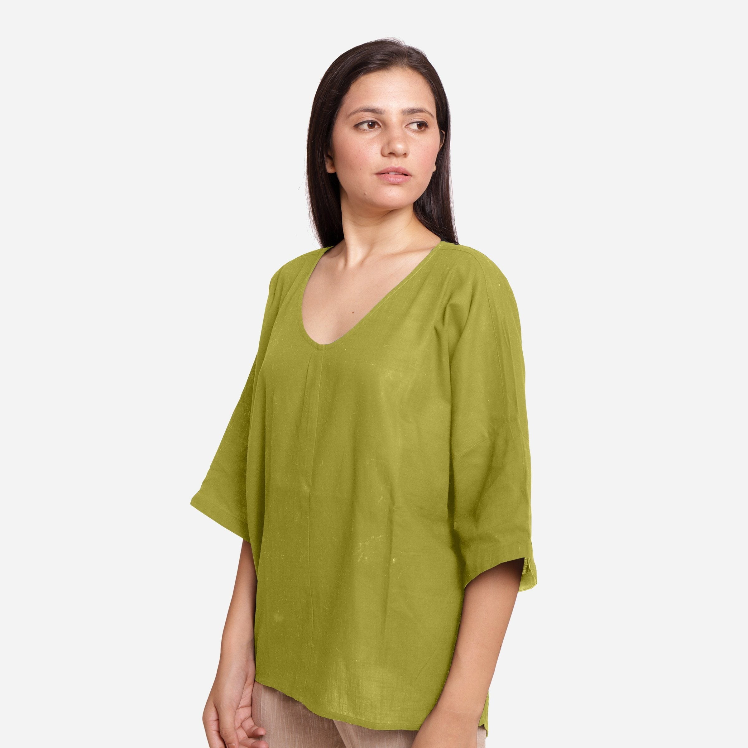 Green 100% Cotton U-Neck Drop Shoulder High-Low Top - Walmart.com