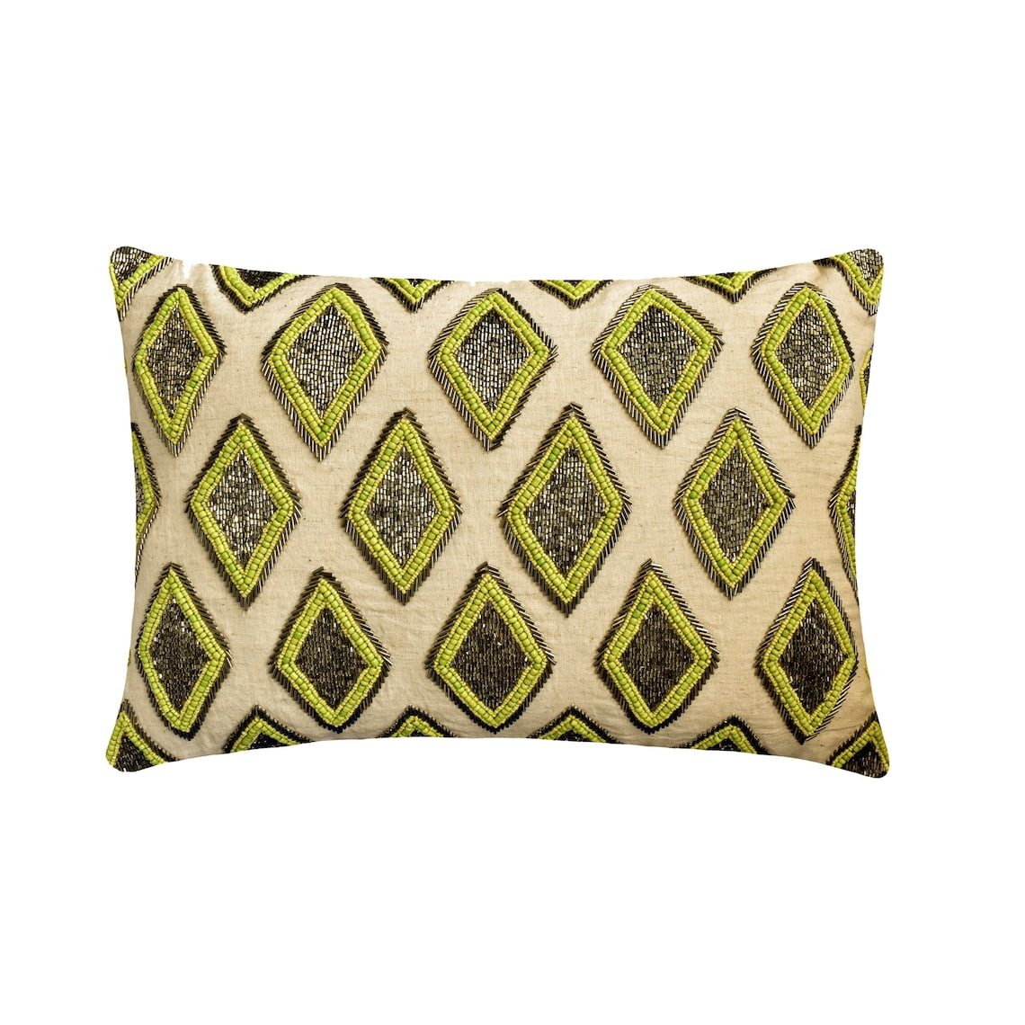 Green 12"x22" (30x55 cm) Lumbar Pillow Cover, Linen Beaded & Rhombus ...