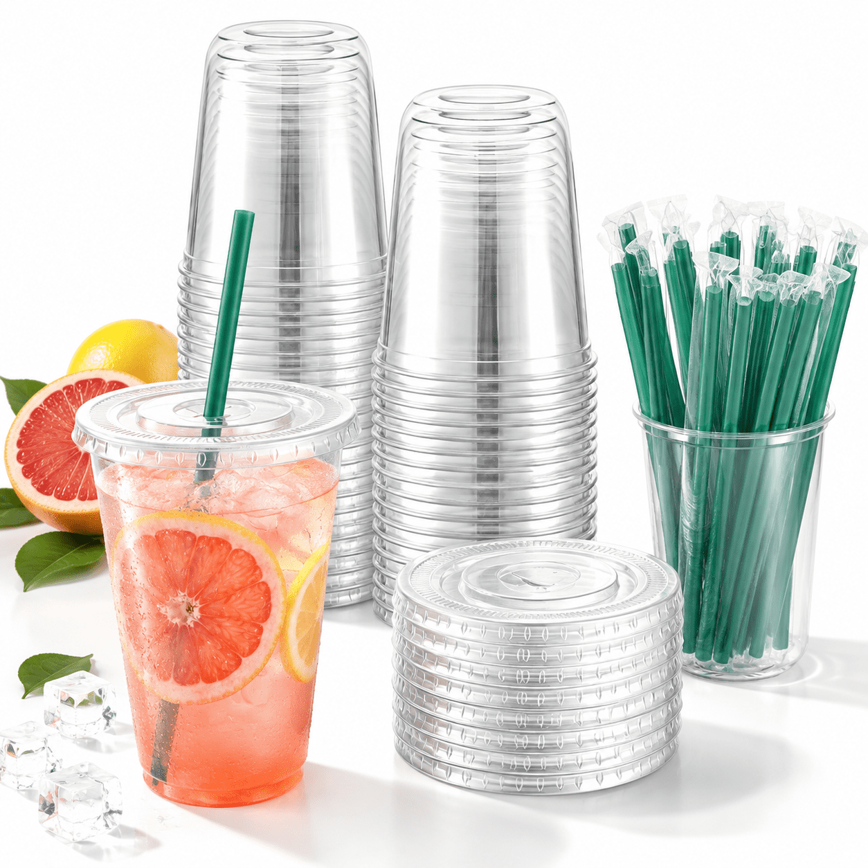 Green 16 oz 50 Pack Plastic Cups with Lids and Straws for Iced Coffee ...