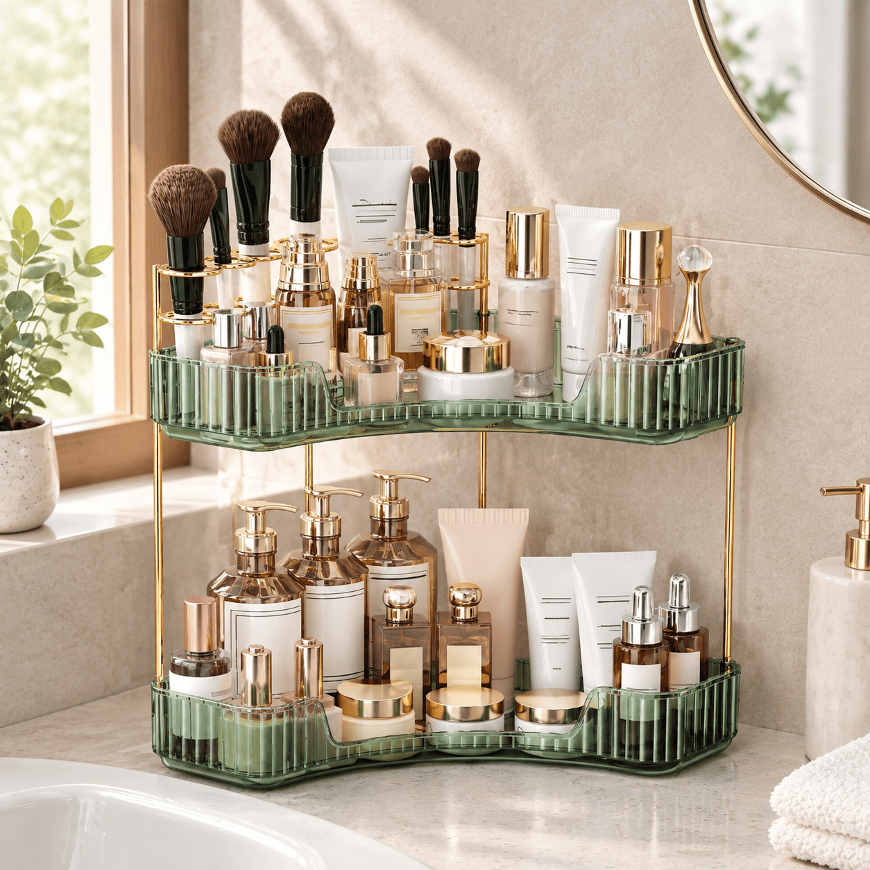 Green 2 Tier Corner Makeup Organizer Vanity Storage for Skincare and ...