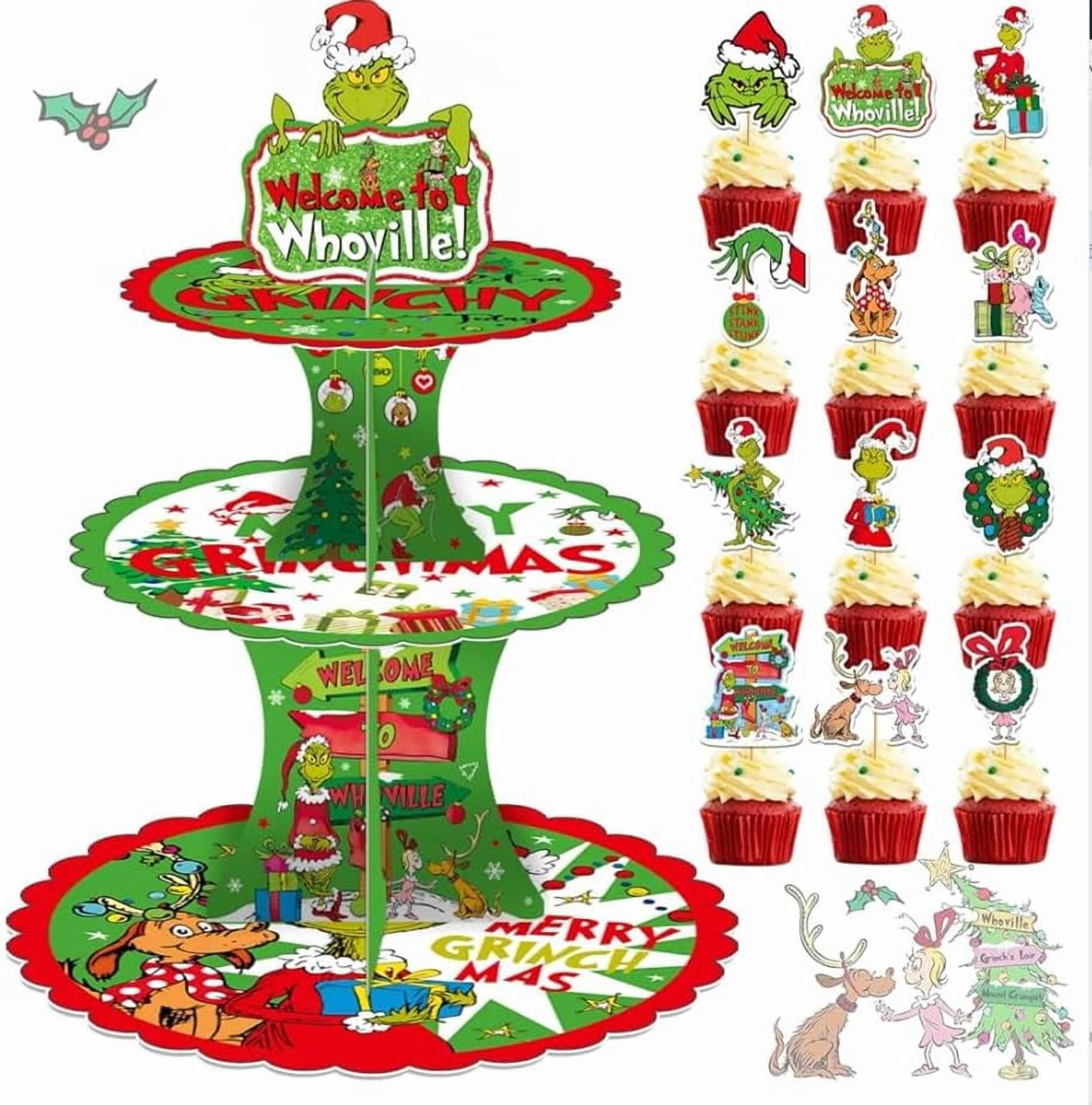 Green 3-Tier Cupcake Stand and 12pcs Cupcake Toppers Christmas Cupcake ...