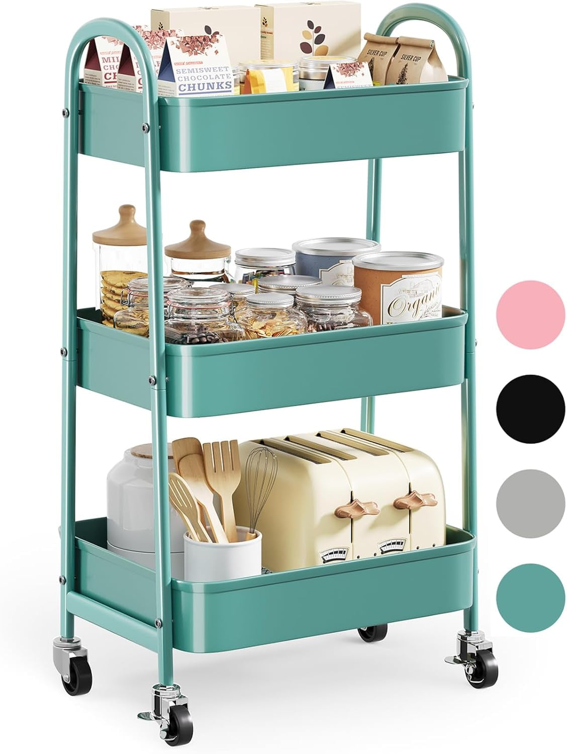 Green 3 Tier Rolling Cart Metal with Lockable Wheels & Handle, Three ...
