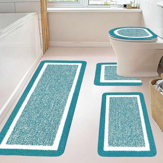 Green 4-Piece Bath Rug Set Non-Slip Microfiber Plush Mats With U-Shaped ...