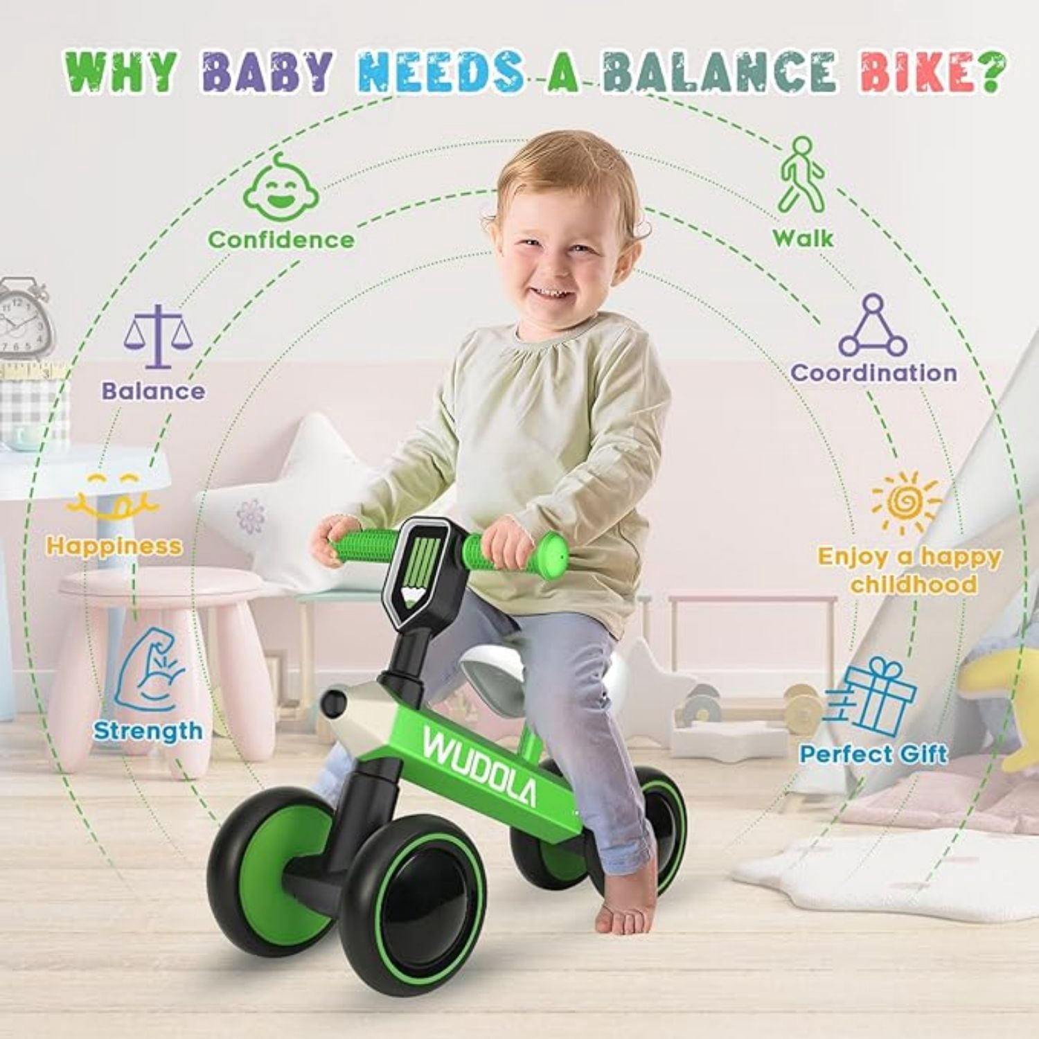 Green 4-Wheel Pencil Balance Bike - Ultra Lightweight & Durable for ...