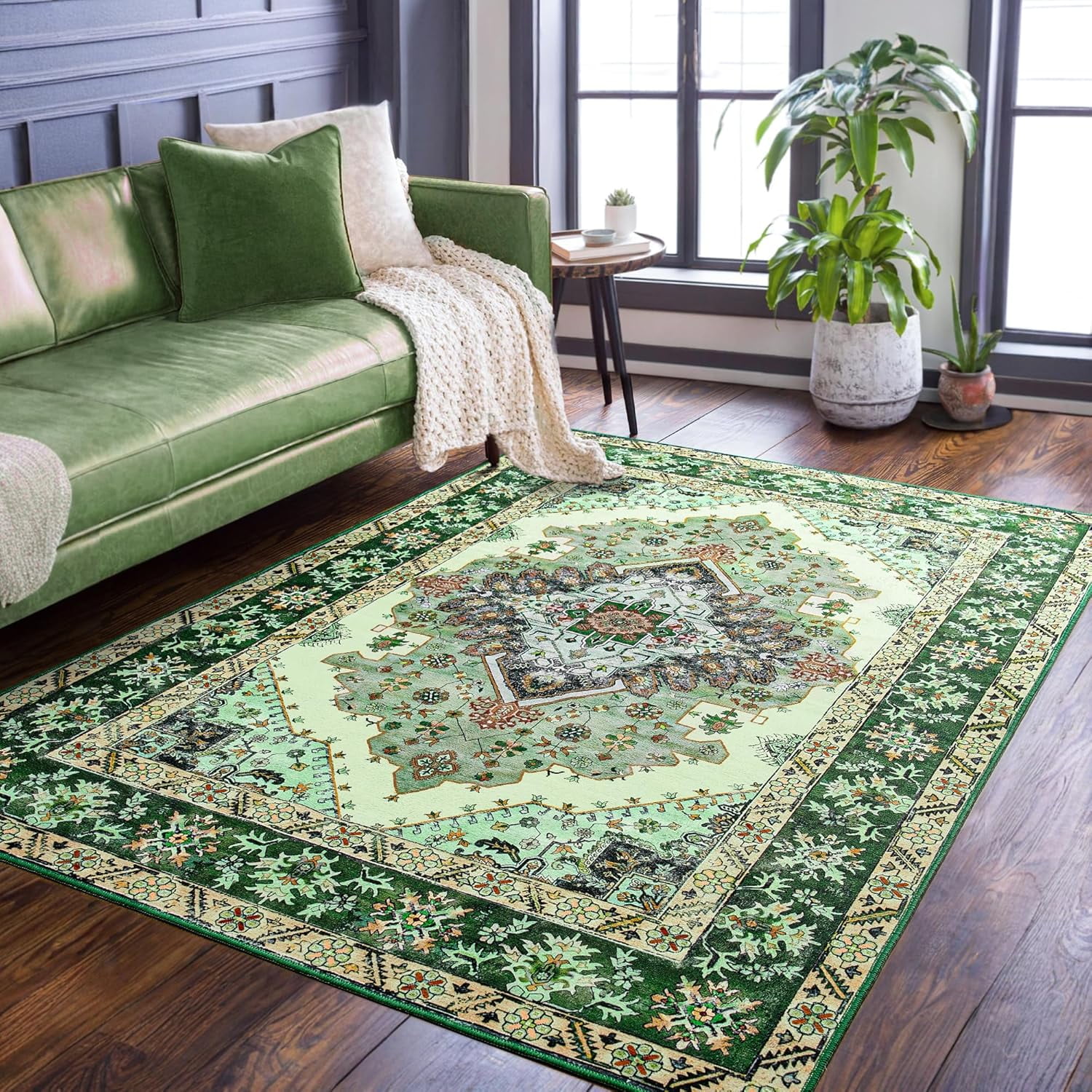 Green 4x6 Area Rugs for Bedroom, Vintage Machine Washable Rug,Low Pile ...
