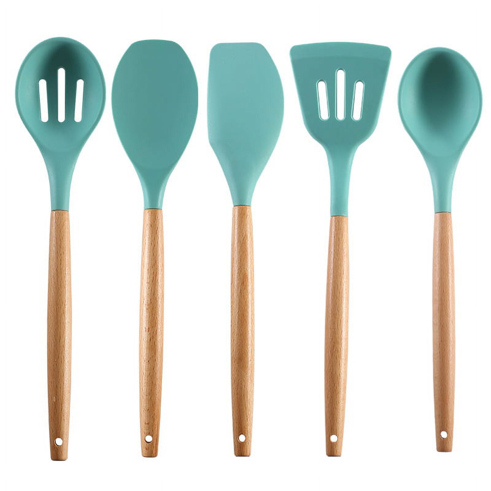 Green 5 Piece, Non-Stick Silicone Kitchen Utensils Set with Natural ...