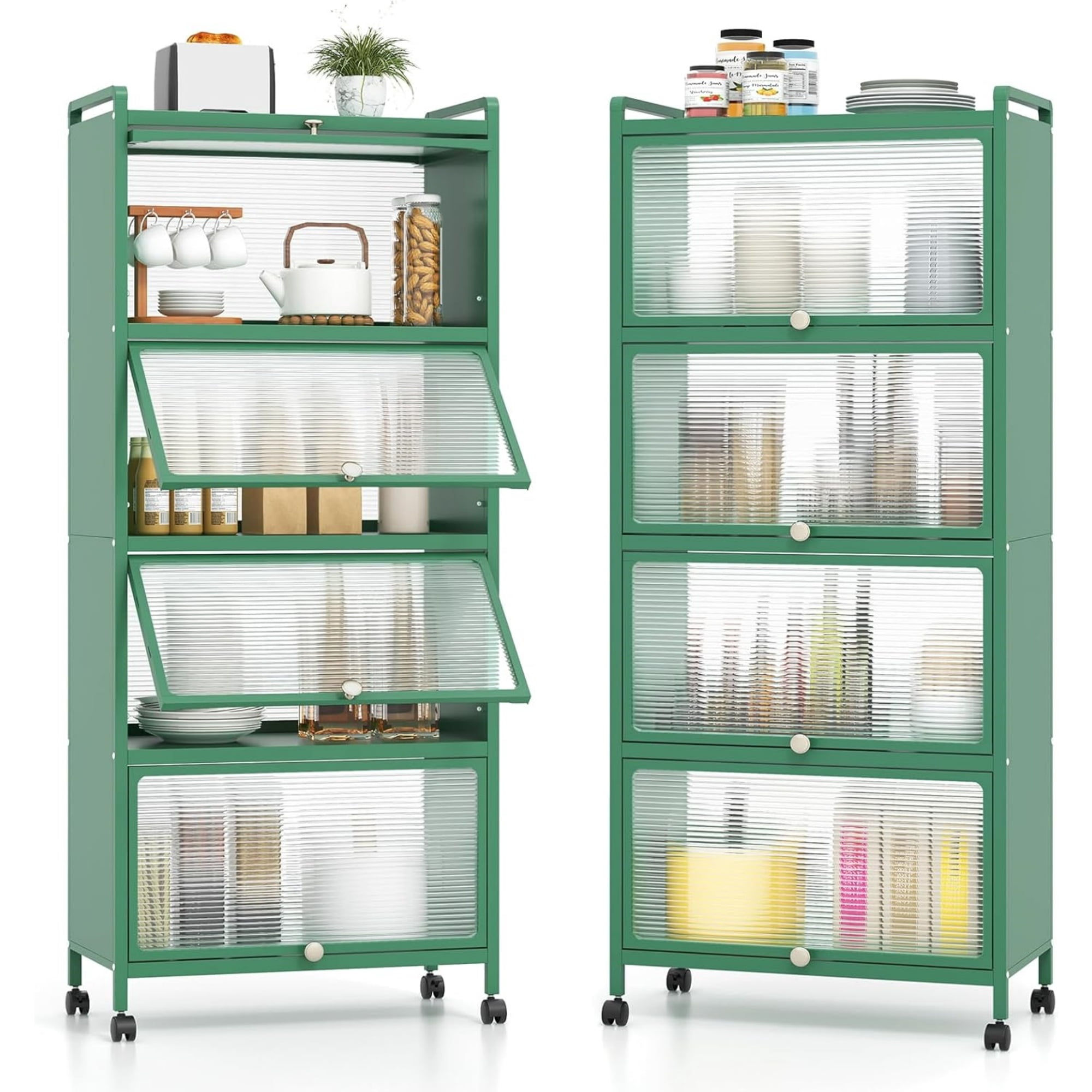 Green 5-Tier Kitchen Storage Cabinet, Mobile Microwave Stand with Flip ...