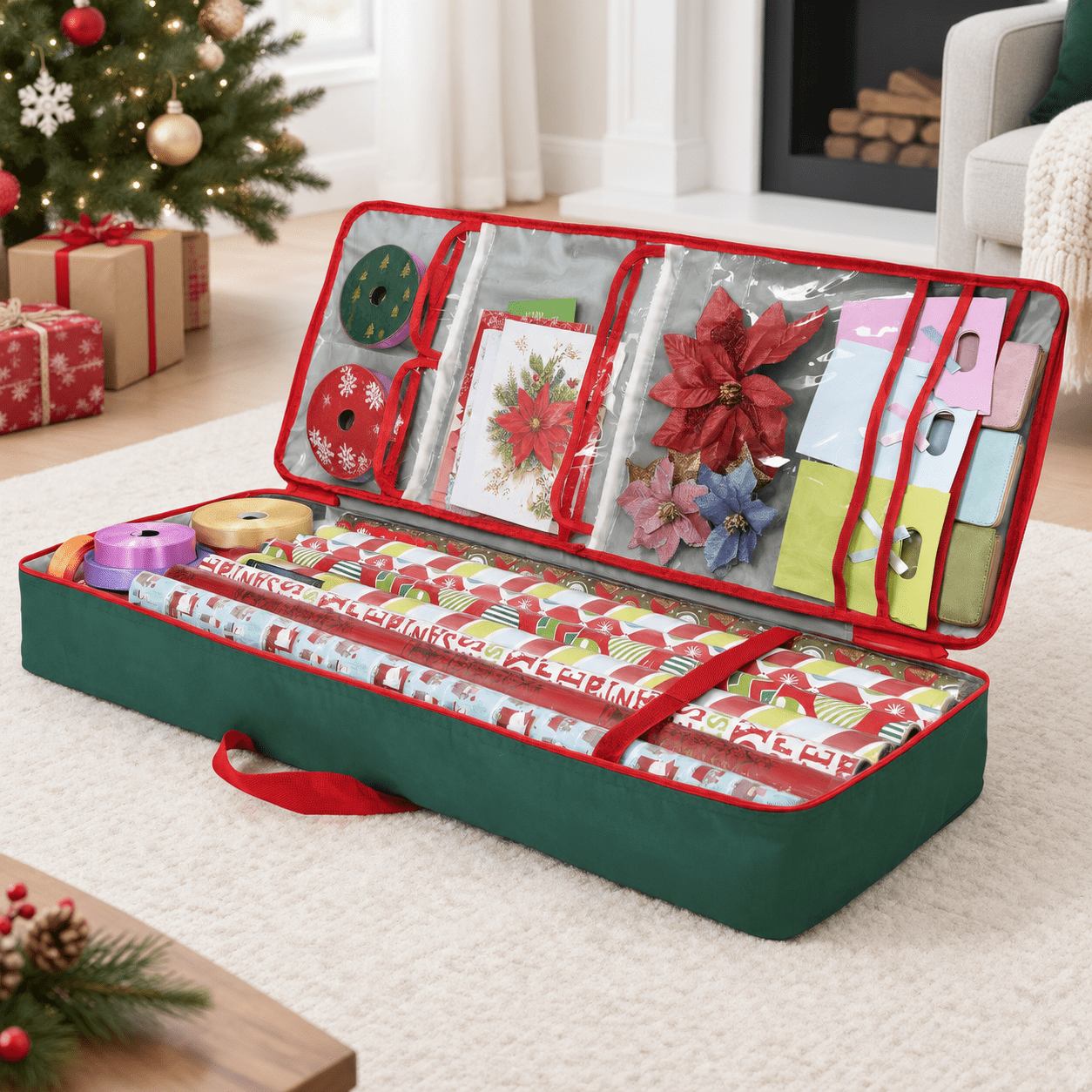 Green 600D Oxford Christmas Wrapping Paper Storage Box with Pockets ...