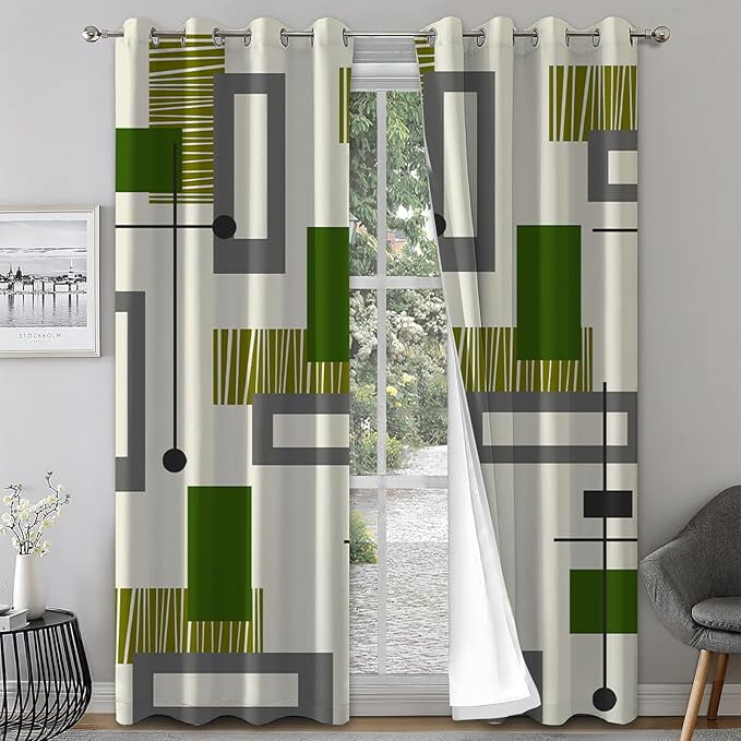 Green Abstract Geometry Blackout Curtains, Bohemian Irregular Color ...