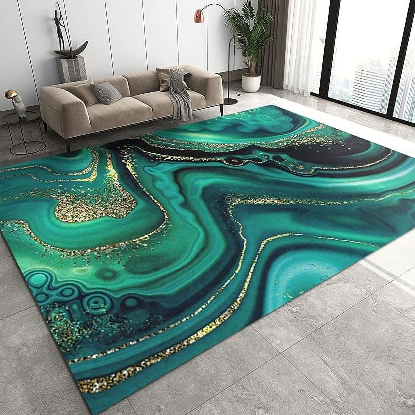 Green Abstract Marble Area Rug, Luxurious Emerald Green Gilt Texture ...