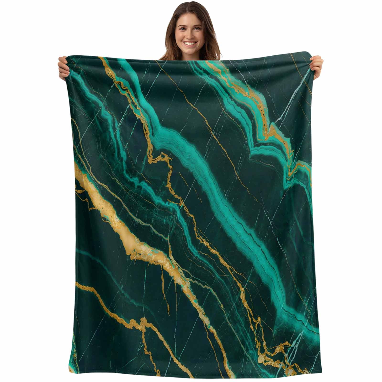 Green Abstract Marble Texture Throw Blankets, Gold Lines Cracks Soft ...