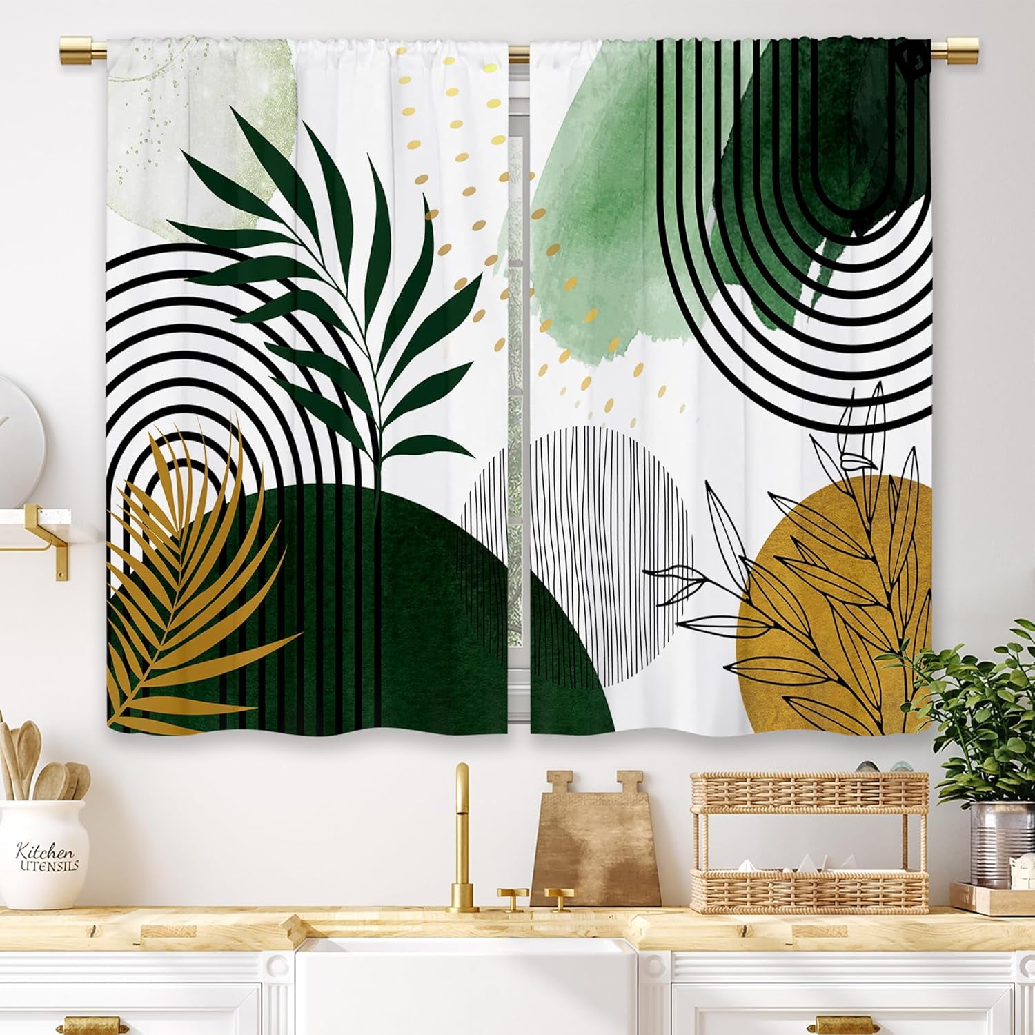 Green Abstract Mid Century Kitchen Curtains Leaf Small Short Cafe ...