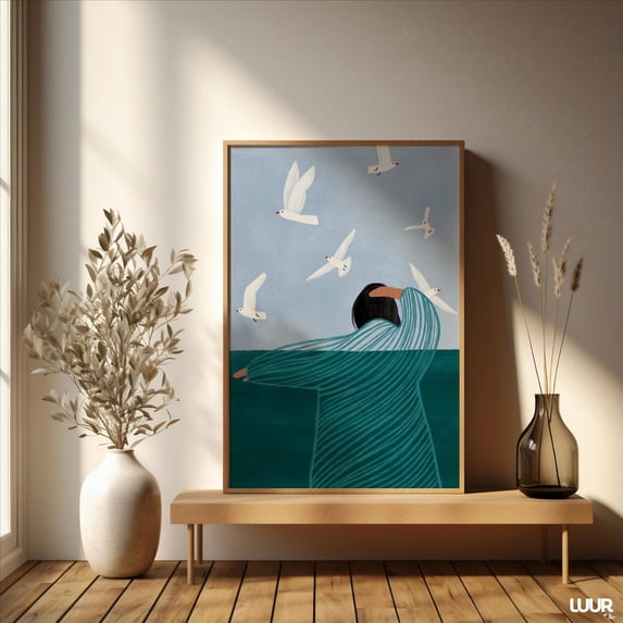 Green Abstract People and Birds Art Deco Wall Art, Stretched Canvas ...