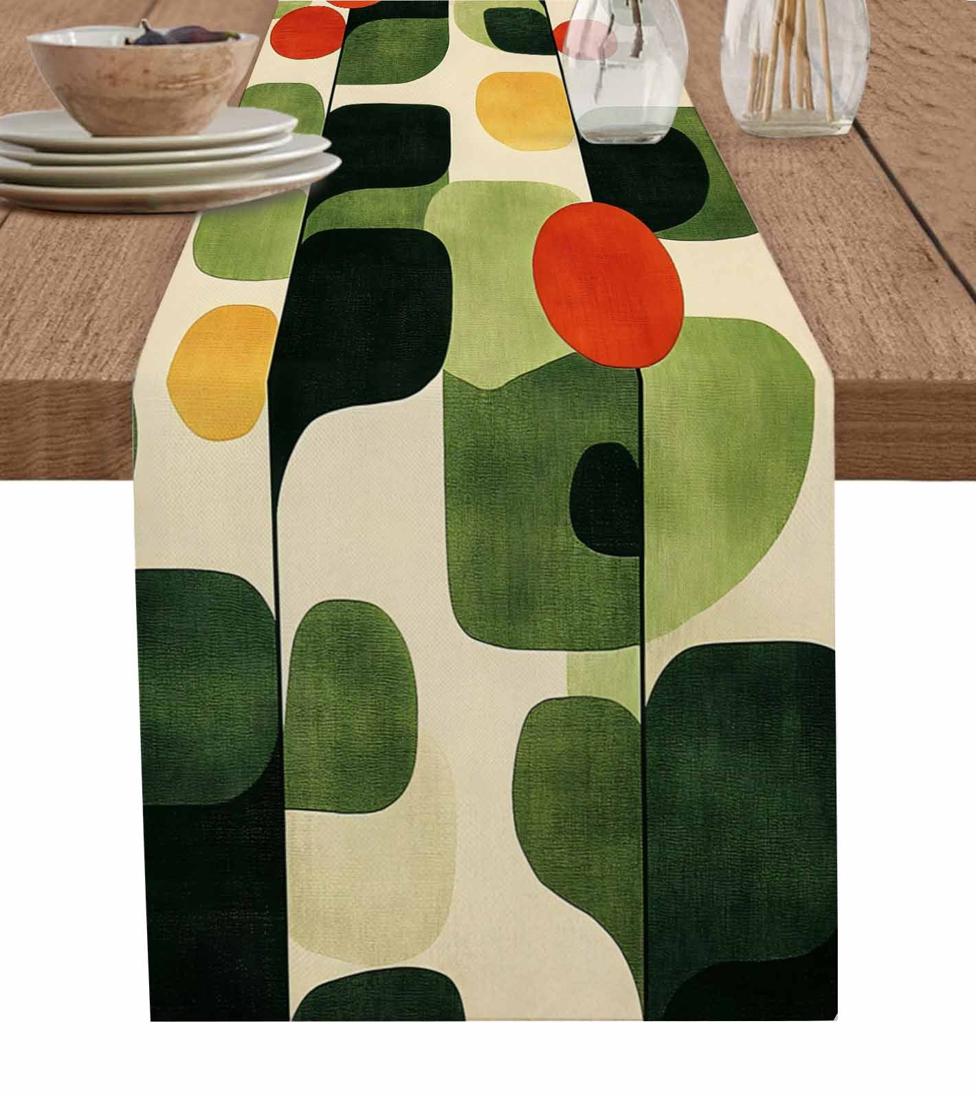 Green Abstract Table Runner 120 Inches, Middle Century Minimalist Lines ...