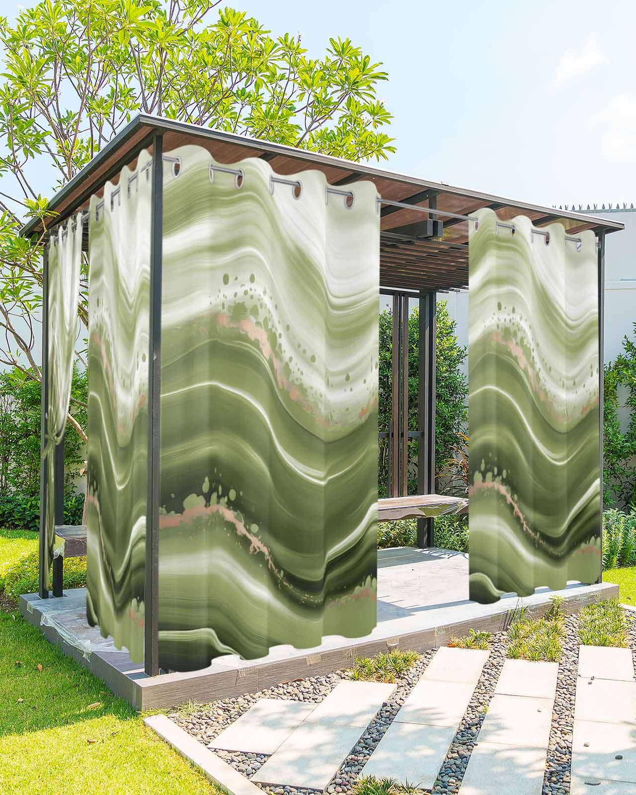 Green Abstract Waves Outdoor Curtains for Patio, Gradient Fluid Luxury ...