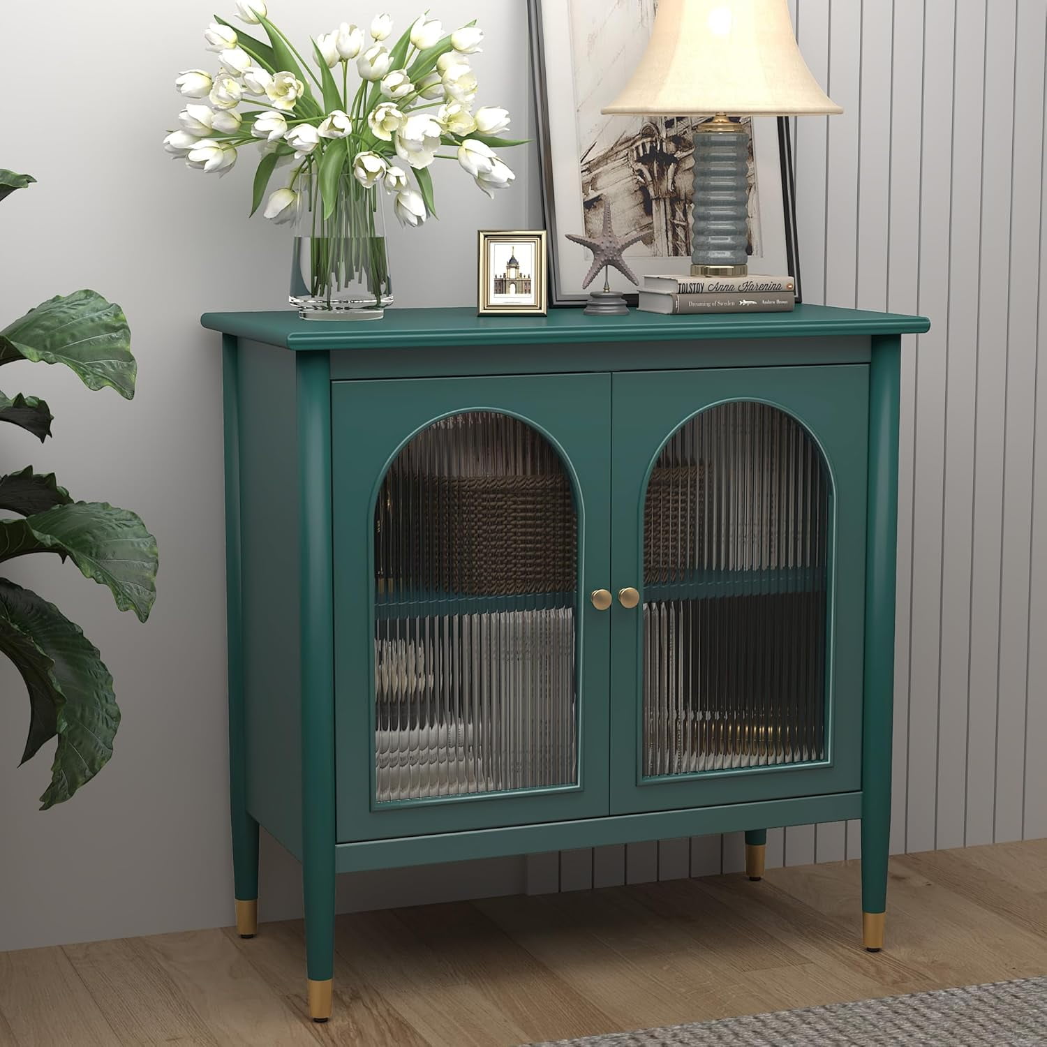 Green Accent Cabinet with 2 Glass Doors&Shelf, Modern Credenza Storage ...
