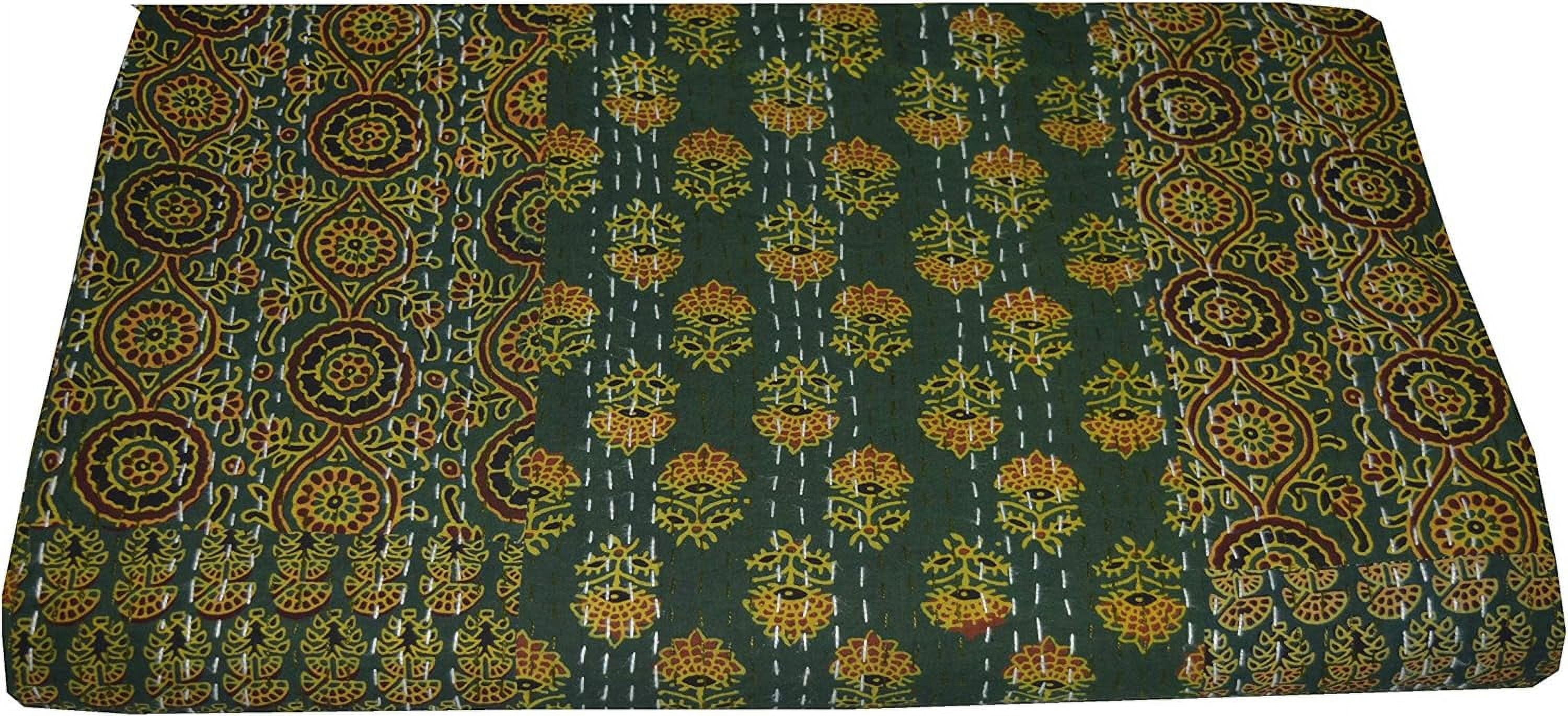Green Ajrakh Hippie Queen Kantha Quilt Handmade Bohemain Bedspread King ...