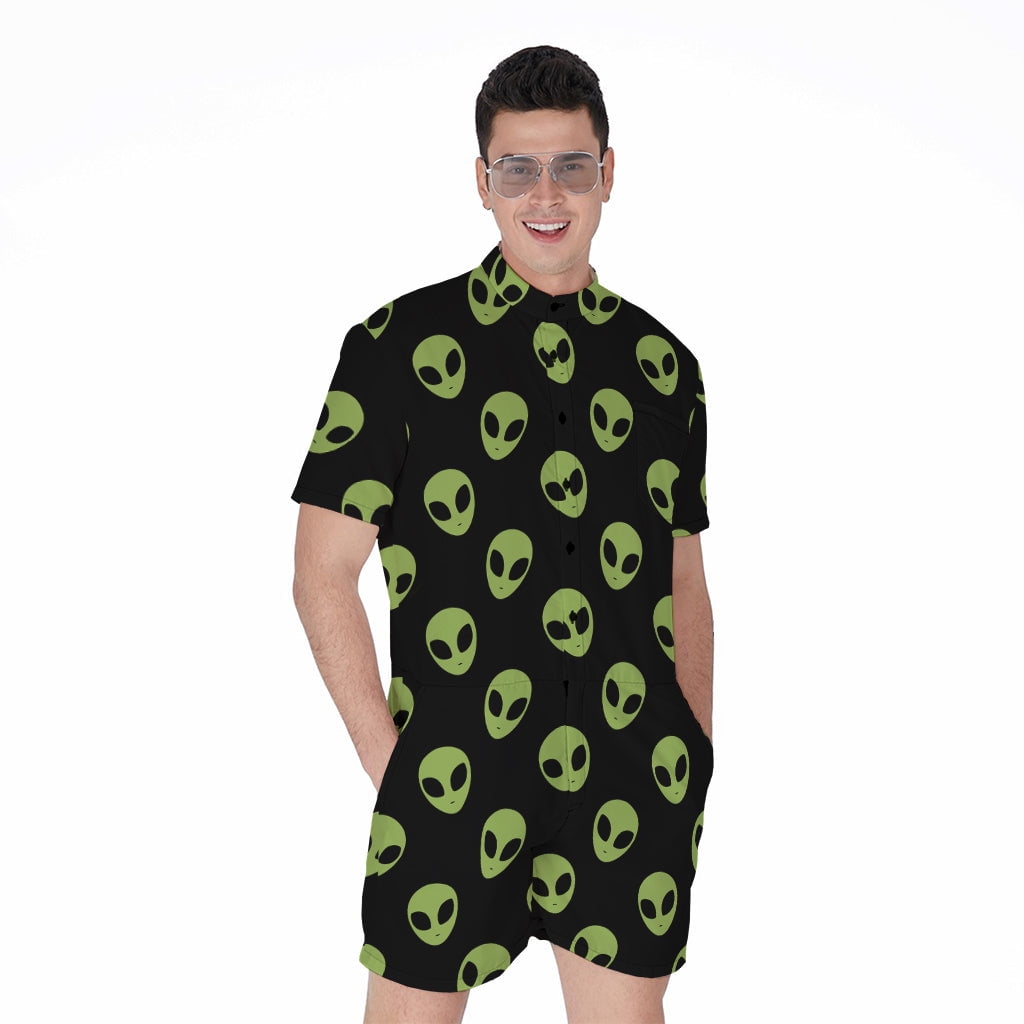 Green Alien Face Pattern Short Sleeve Men'S Rompers, Alien Ufo Space ...