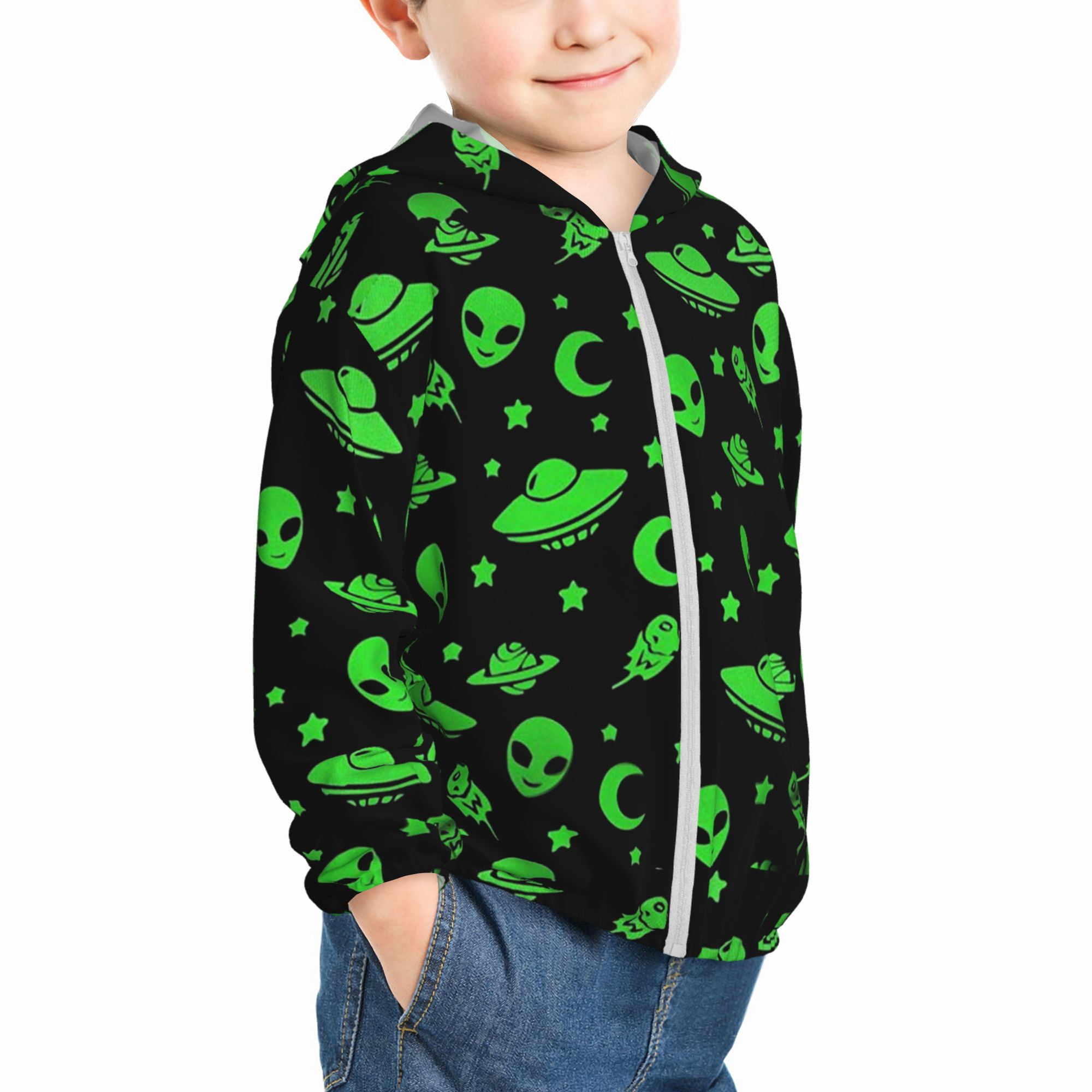 Green Alien Moon Spaceships Kids Zip-Up Hoodie Girls Boys Sun ...