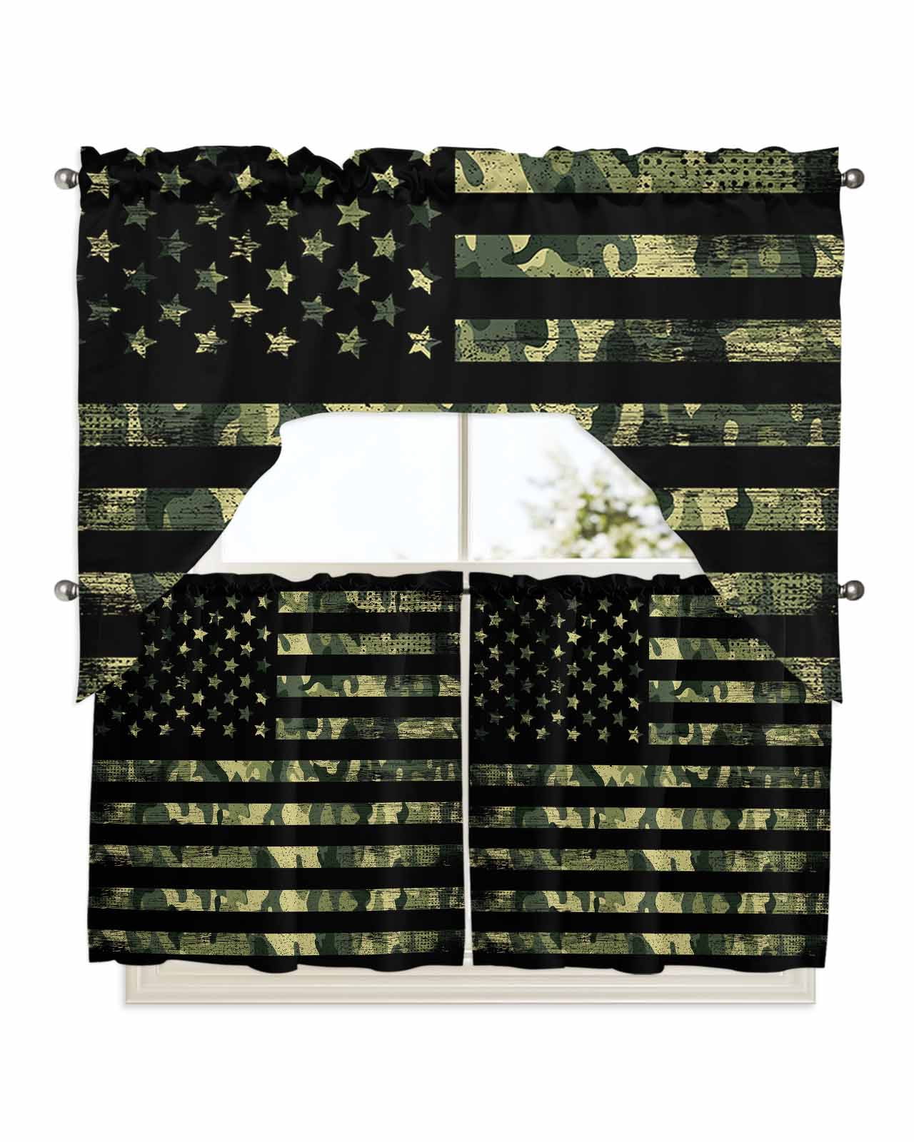 Green American Flag Kitchen Curtains Swag Valance and Tier Curtains Set ...