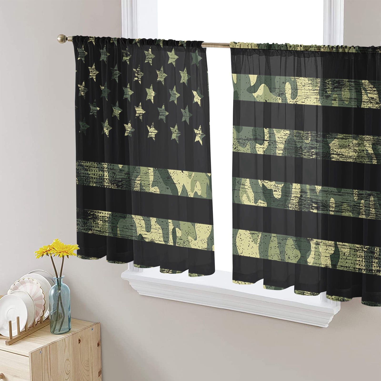 Green American Flag Sheer Curtains 54 Inches Length 2 Panels Set ...