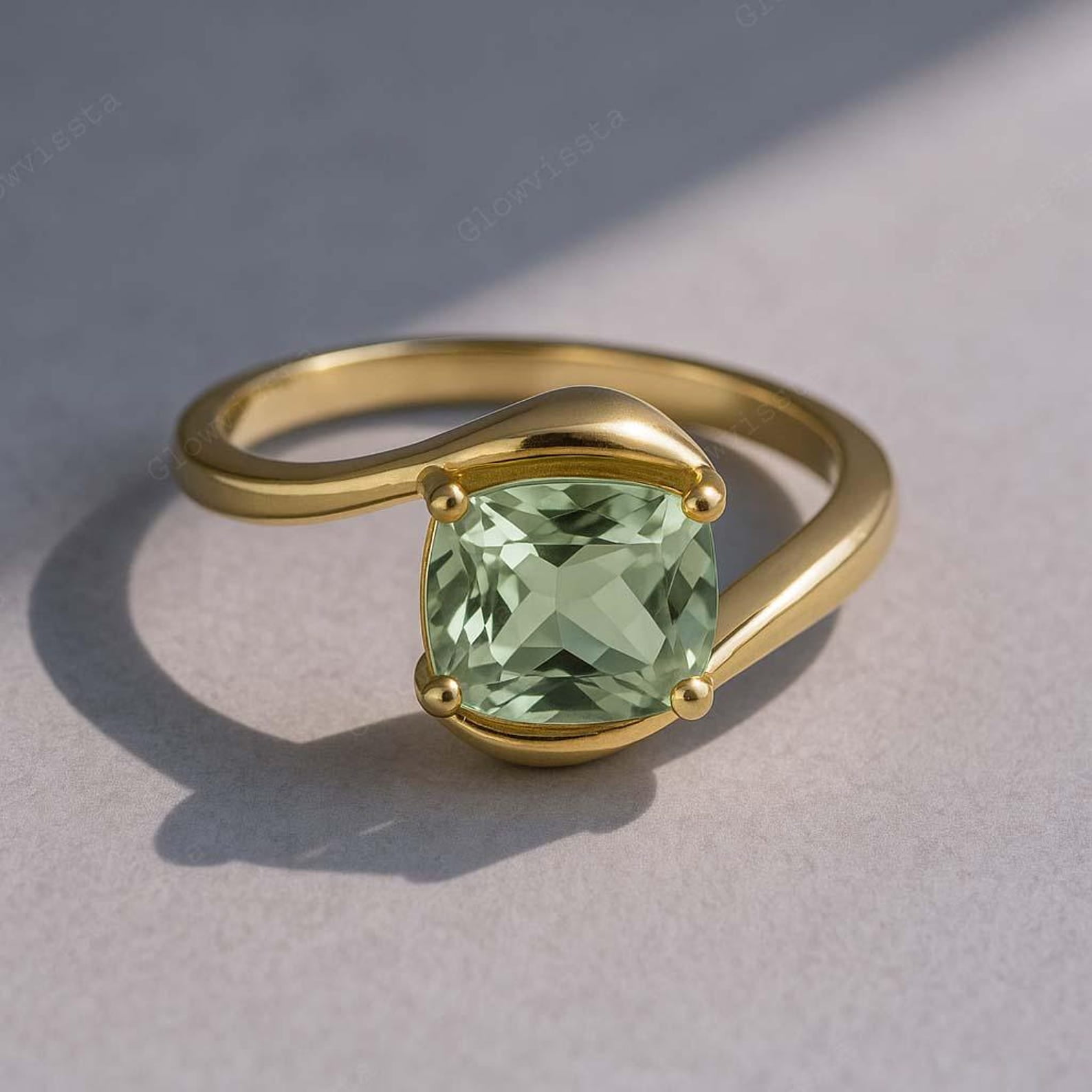 Green Amethyst Ring Gold Cushion Cut Gemstone Ring For Women Unique ...