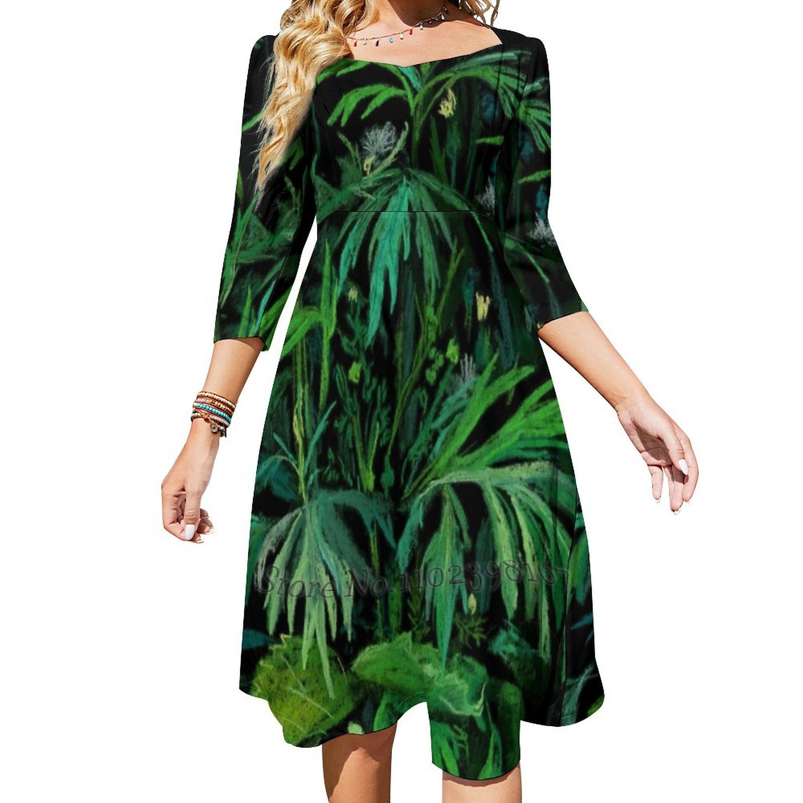 Green And Black Summer Greenery Colorful Floral Square Neck Dress Sweet ...