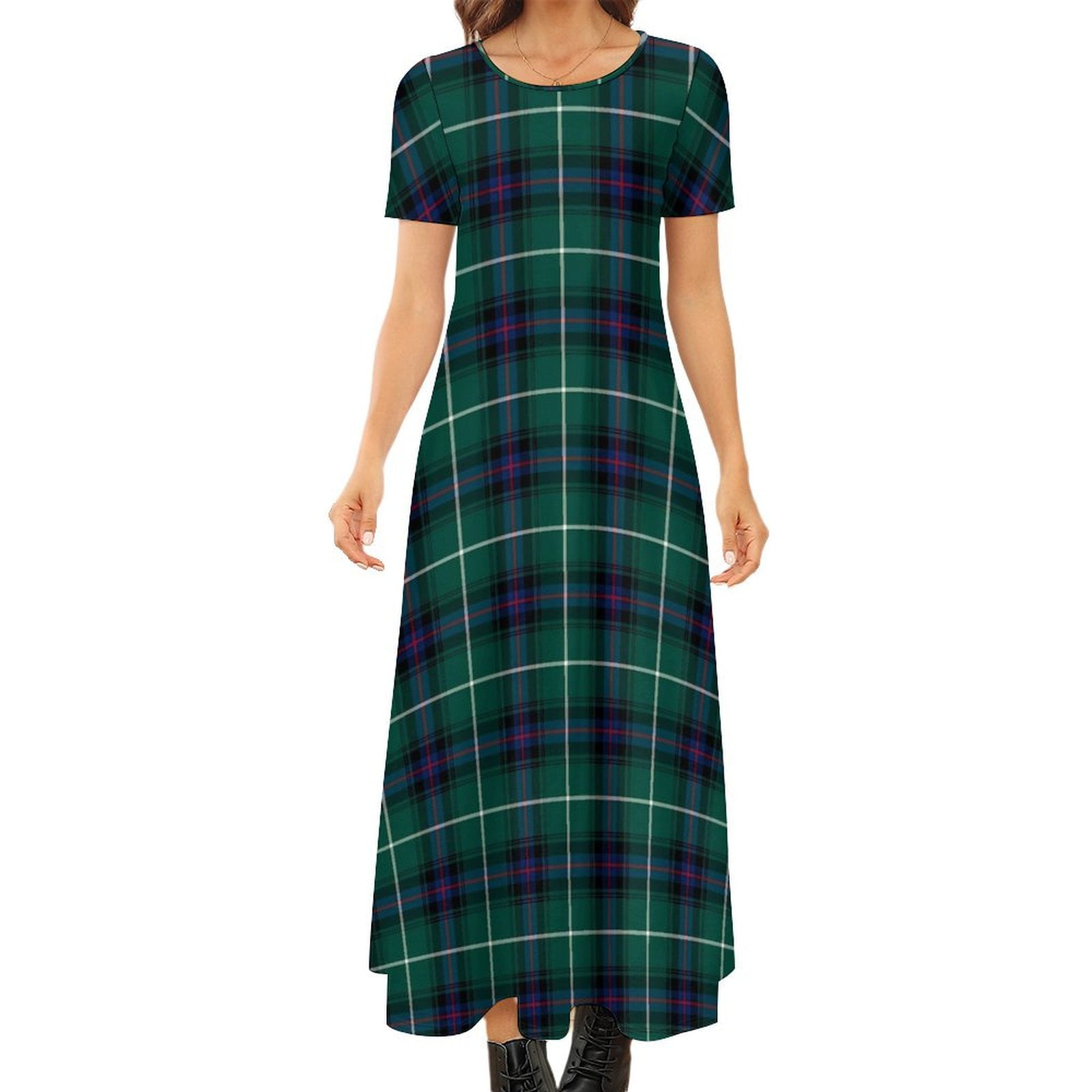 Green And Blue Plaid Dress Vintage Print Aesthetic Bohemia Long Dresses ...