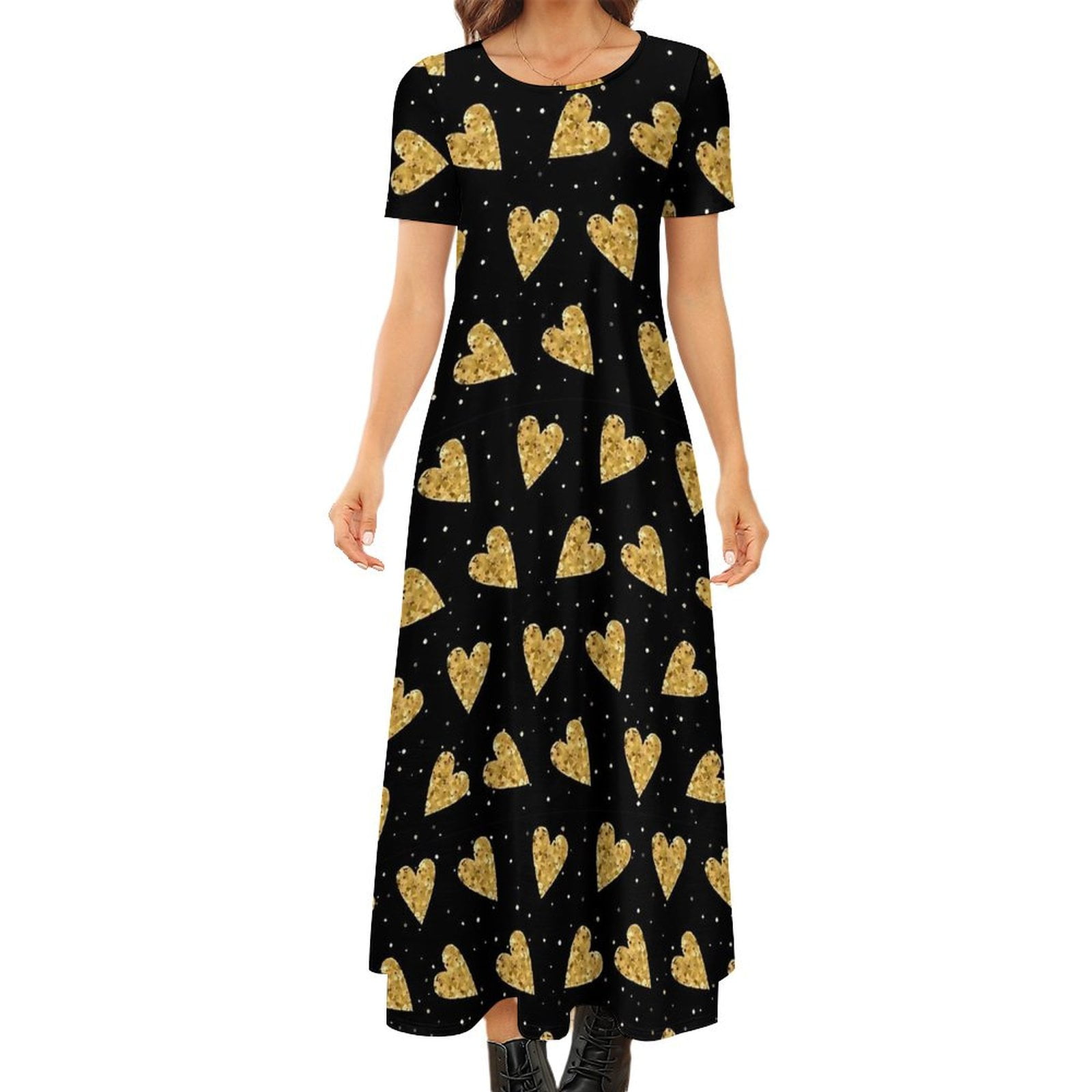 Green And Gold Hearts with Coins Dress Elegant Maxi Dress Women Short ...